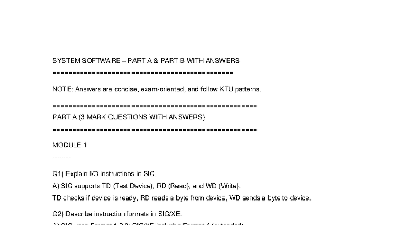 System Software With Answers - SYSTEM SOFTWARE – PART A & PART B WITH ...