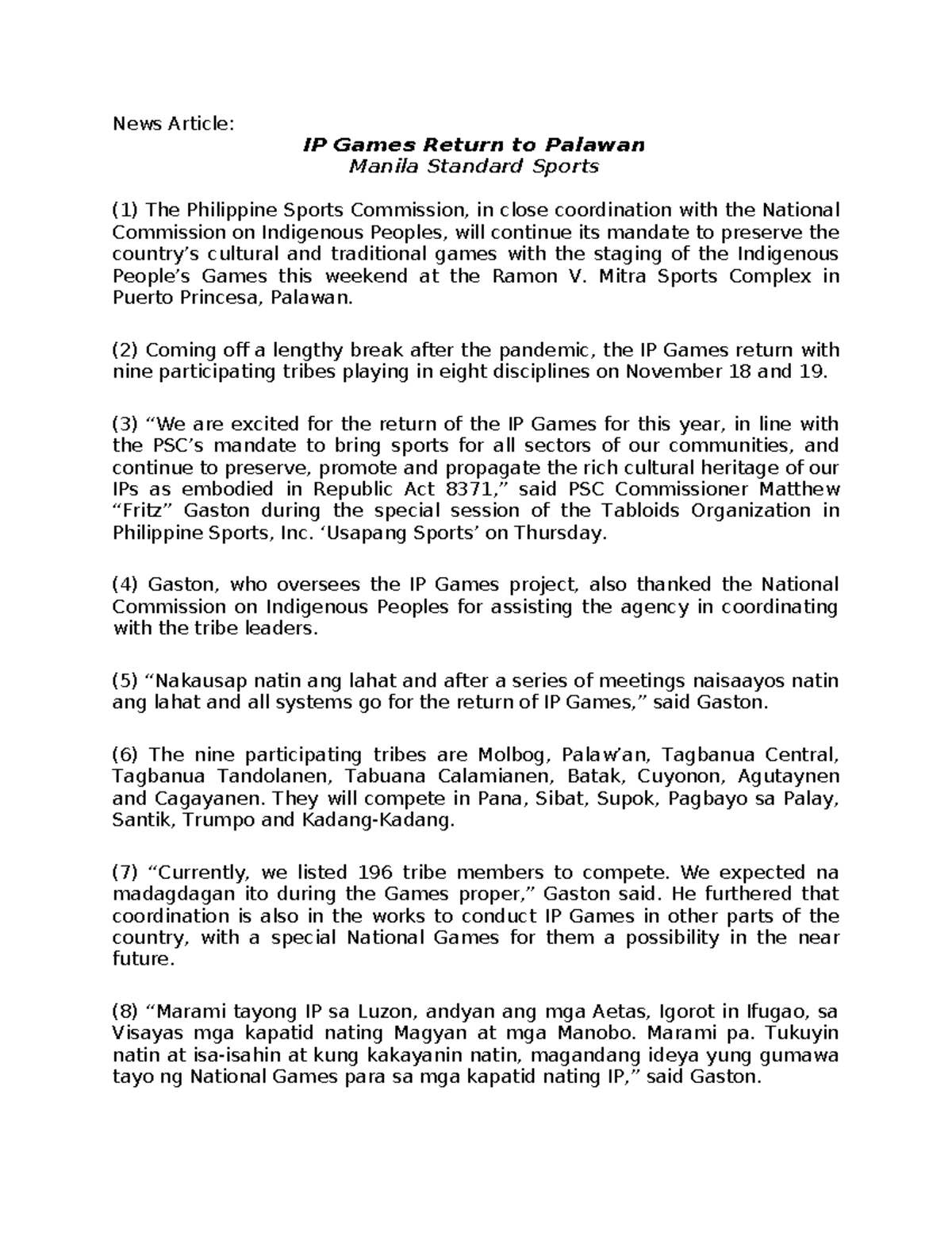 IP Games 2023: Celebrating Indigenous Culture in Palawan - Studocu