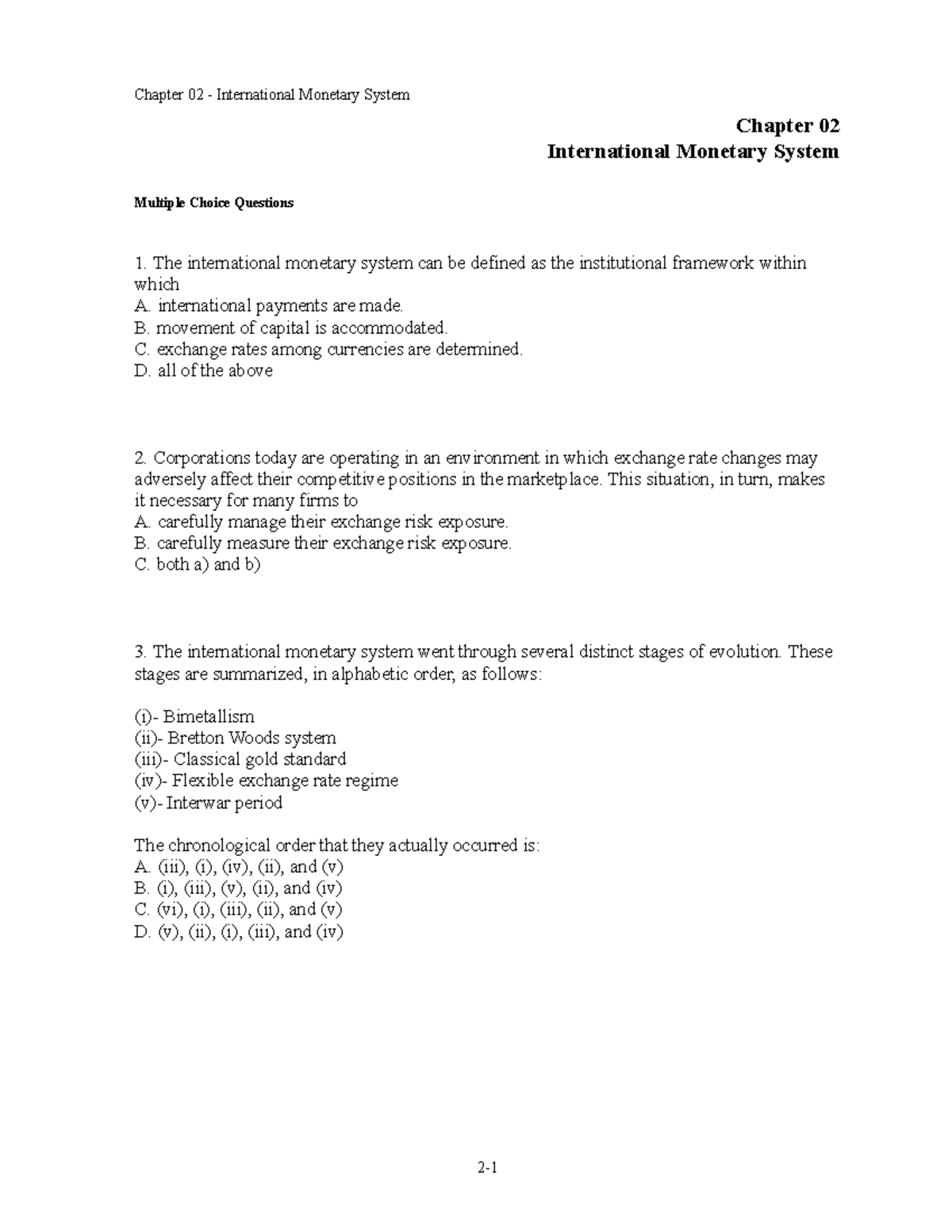 Chapter 02 Test Bank: International Monetary System MCQ - Studocu