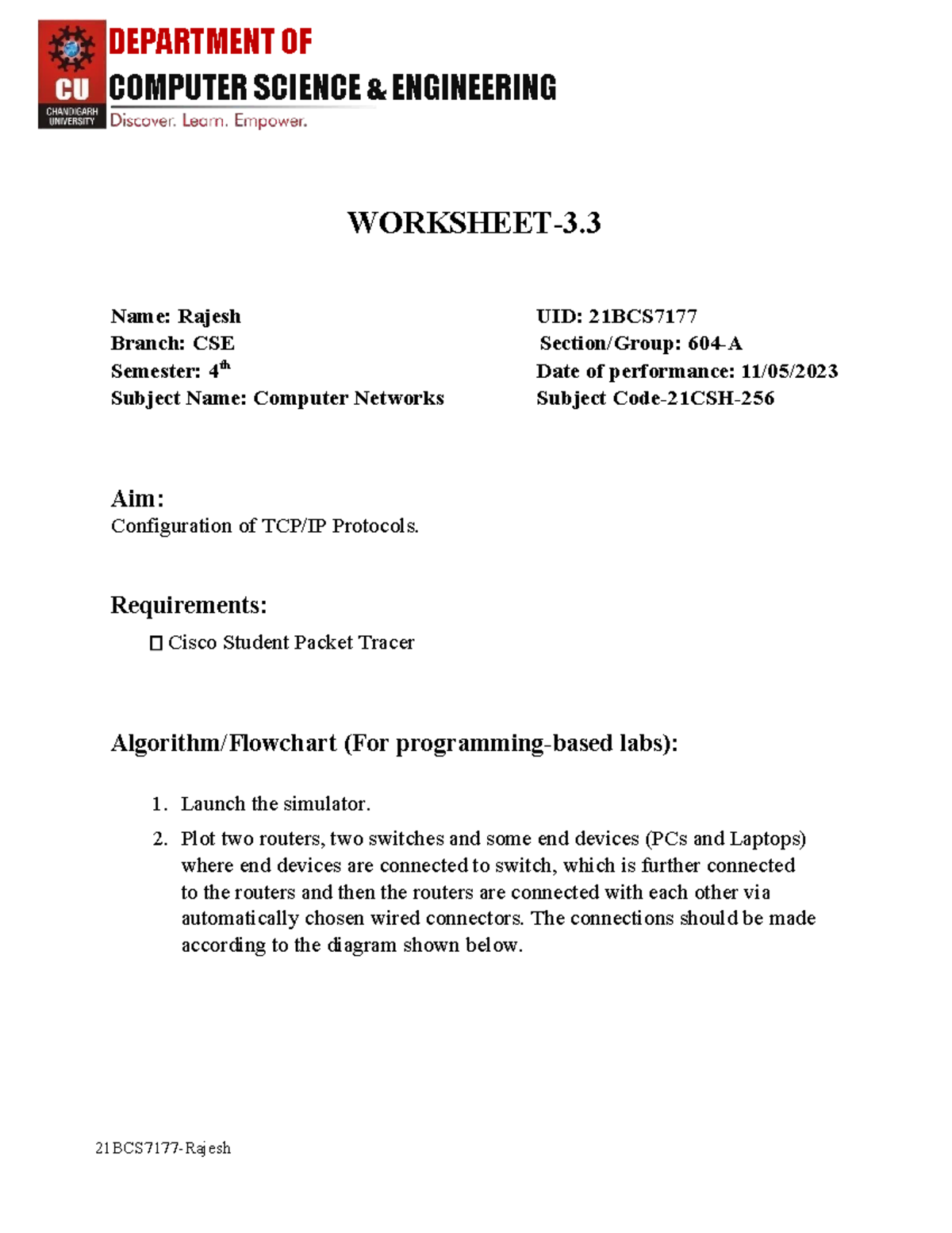 CN 3 - Computer Networks Worksheet: Protocol Configuration Guide - Studocu