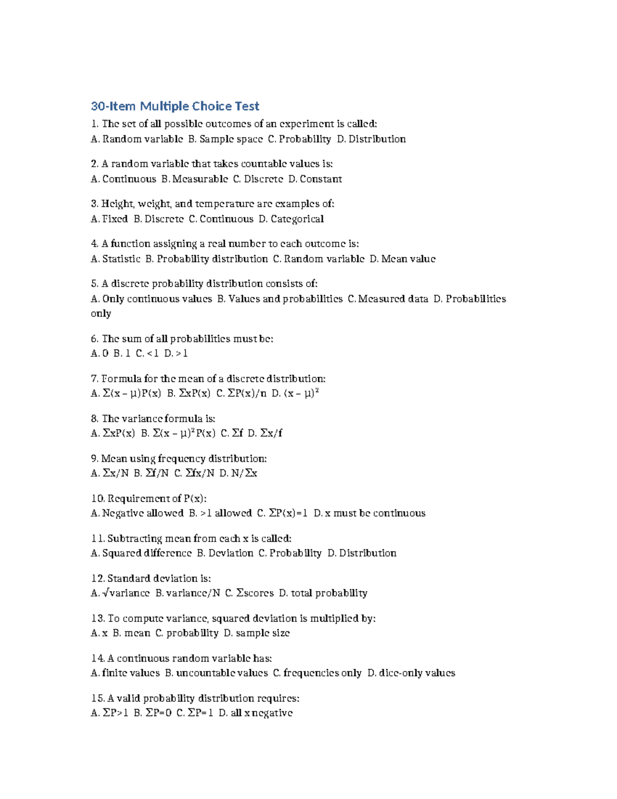 Probability Test 1 - Multiple Choice Questions and Answers - Studocu