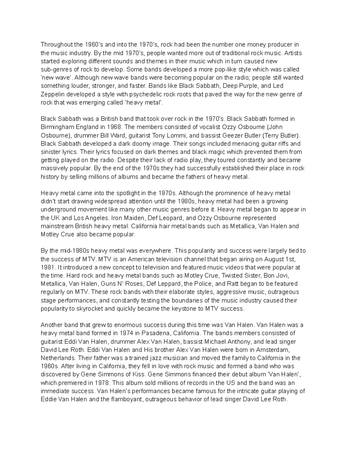 Informative Essay about the Roots of Heavy Metal - Throughout the 1960 ...