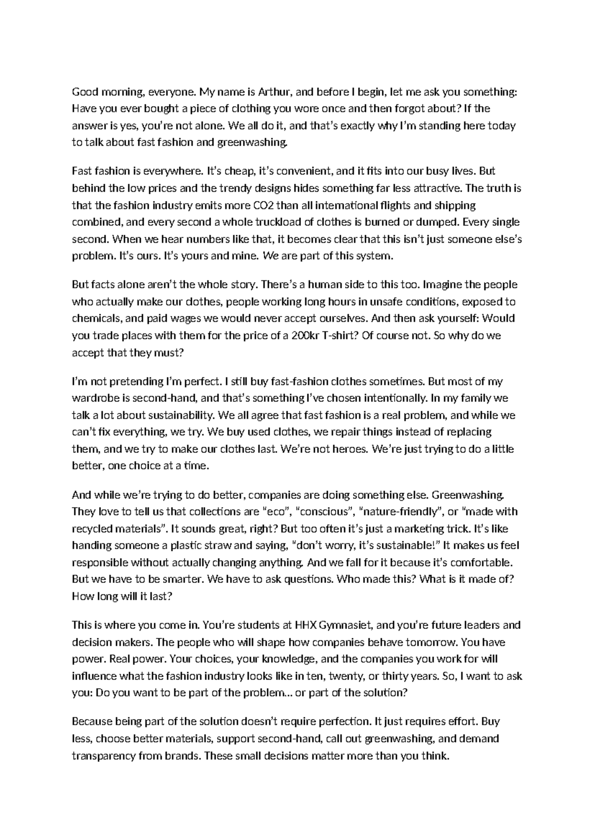 Engelsk - Fast Fashion and Greenwashing Speech - Studocu