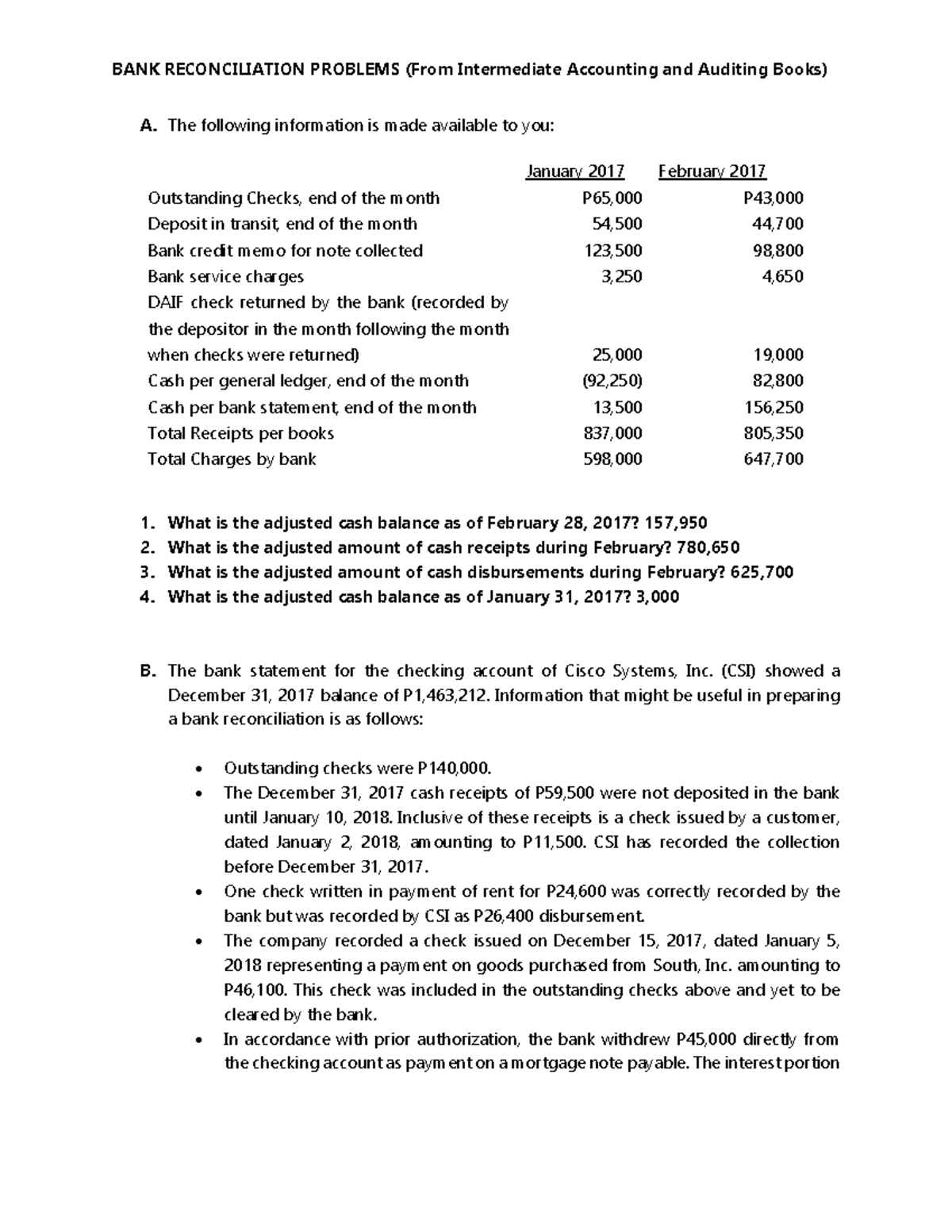 BANK RECONCILIATION PROBLEMS: Intermediate Accounting Analysis - Studocu