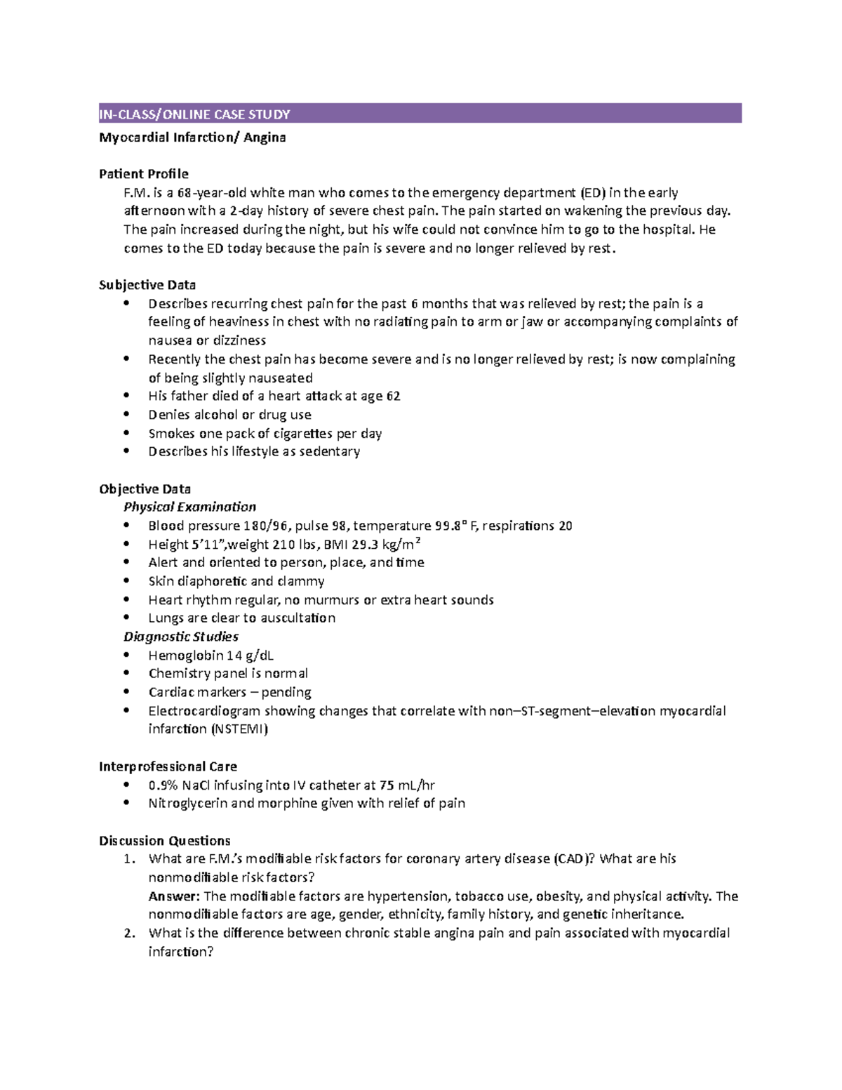 Angina and Myocardial Infarction Case Study - Analysis & Answers - Studocu