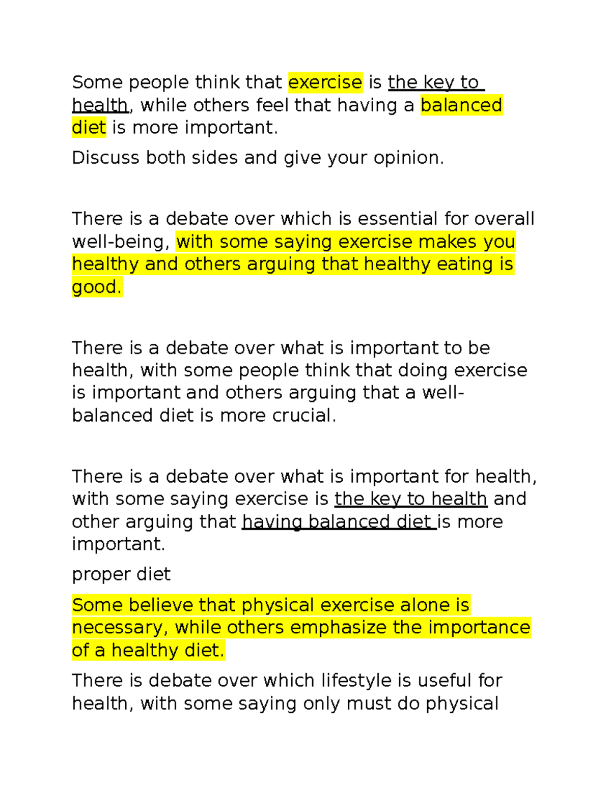 Essay Notes: Health Debate on Exercise vs. Balanced Diet - Studocu