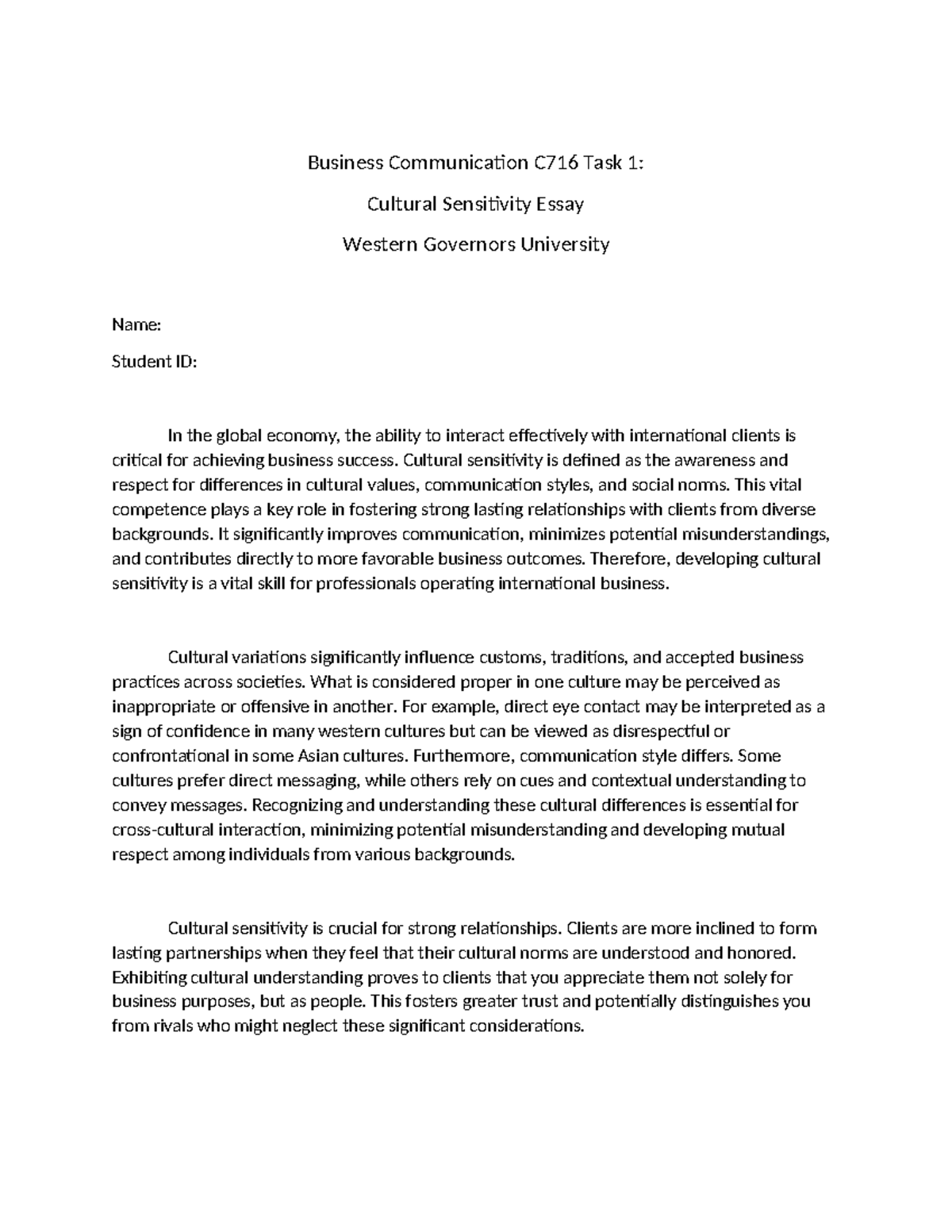 C716 Task 1: Cultural Sensitivity in Business Communication Essay - Studocu