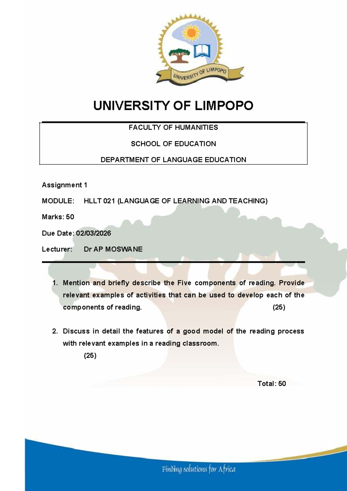 HLLT 021 Assignment - UNIVERSITY OF LIMPOPO FACULTY OF HUMANITIES ...