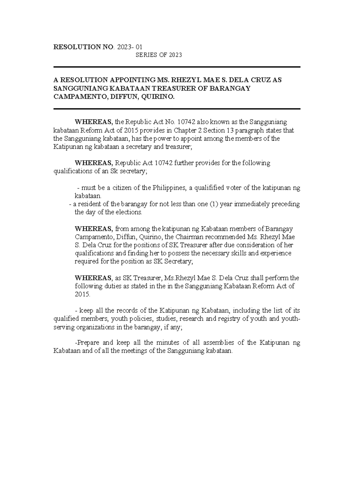 Resolution No. 01, Series of 2023: Appointment of SK Treasurer - Studocu