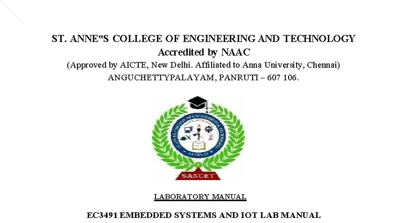 EC3491 - Embedded Systems & IoT Lab Manual - Anna University 2021 - Studocu