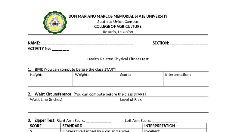 Physical Fitness Test Scoresheet - AGRI 101 - Studocu