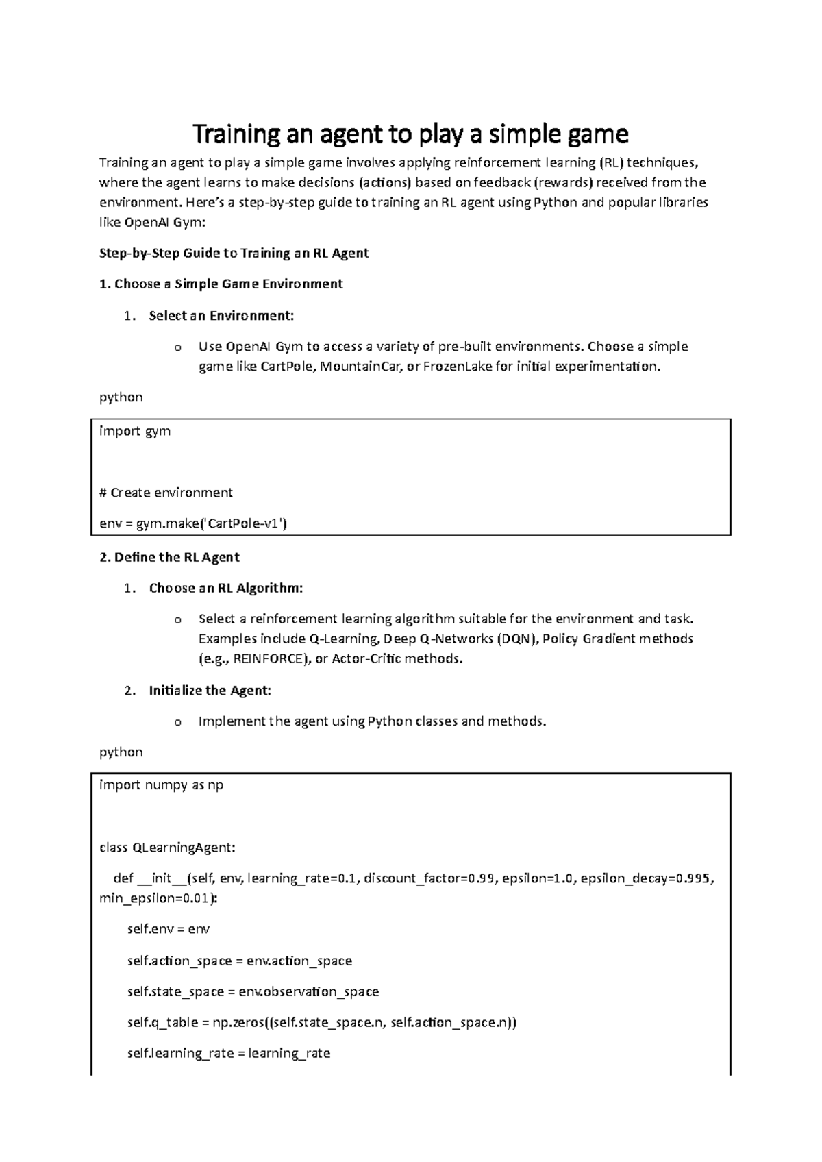 Guide to Training an RL Agent in Python (CS101) - Studocu