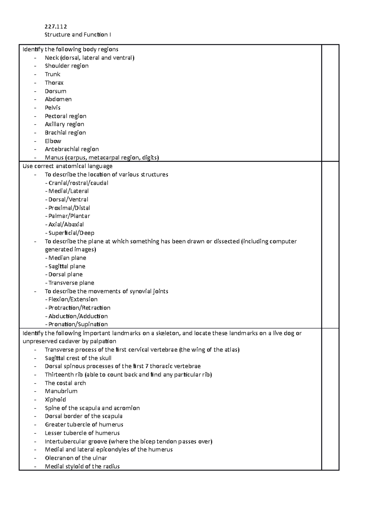 Anatomy lab learning objectives - forelimb - Structure and Function I ...