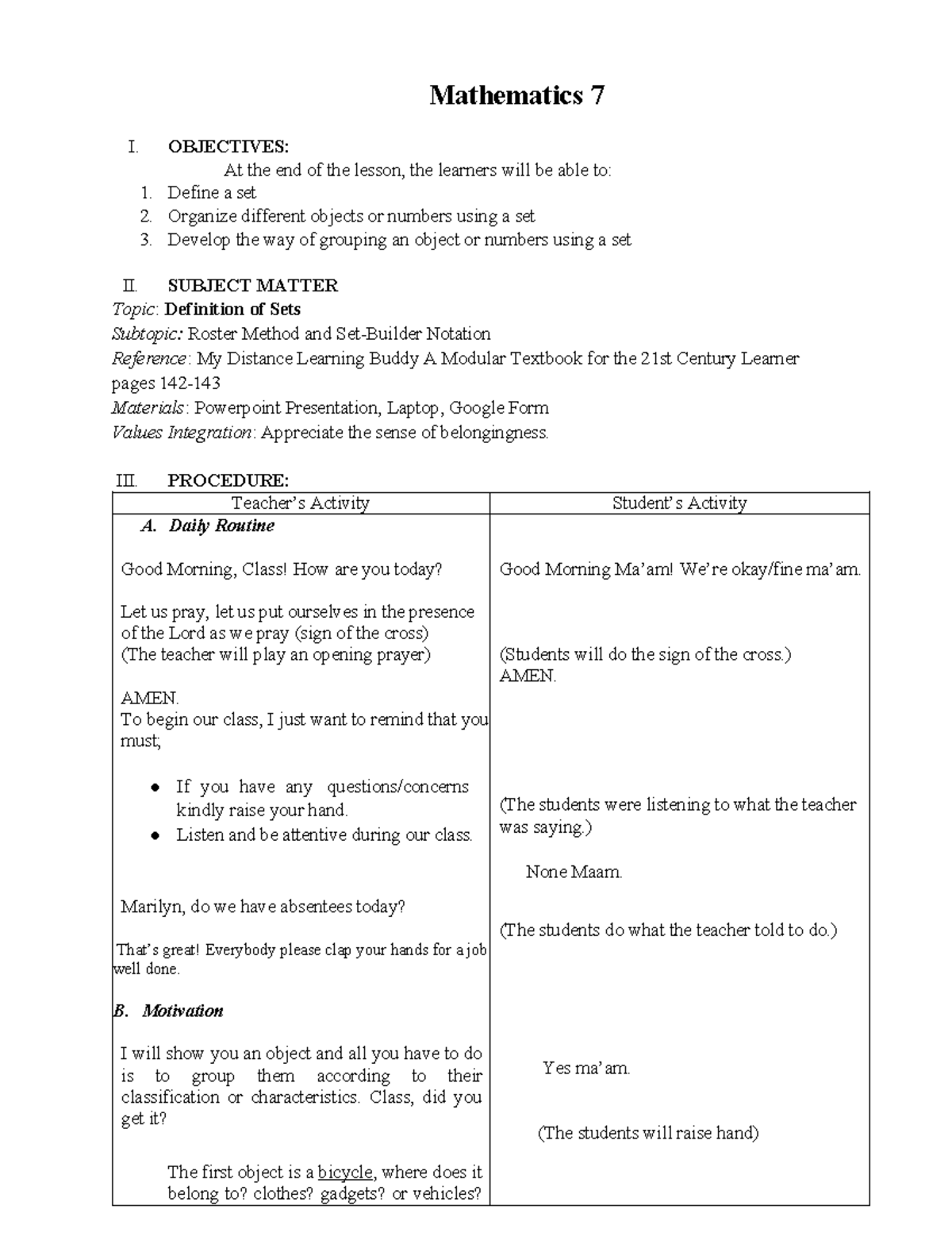 Definition of Sets (Auto Recovered) - Mathematics 7 I. OBJECTIVES: At ...