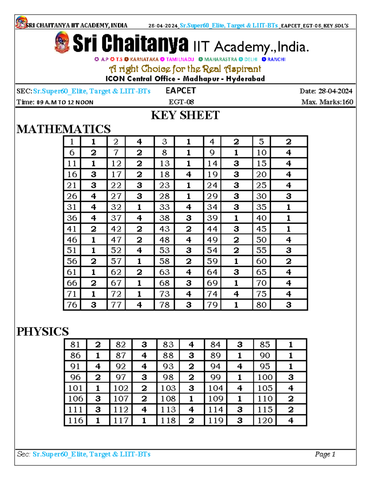 28-04-2024 Sr.Super60 Elite & Target EAPCET EGT-08 KEY & SOLUTIONS ...