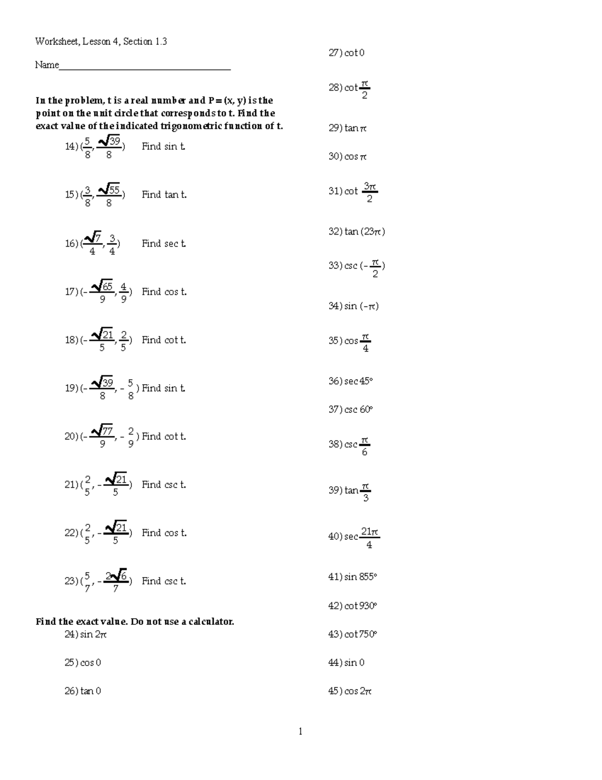 Trigonometric Functions Worksheet - Lesson 4, Section 1.3 Analysis ...