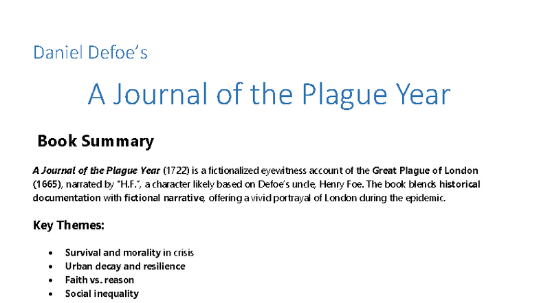 A Journal of the Plague Year (1722) - Comprehensive Study Guide - Studocu