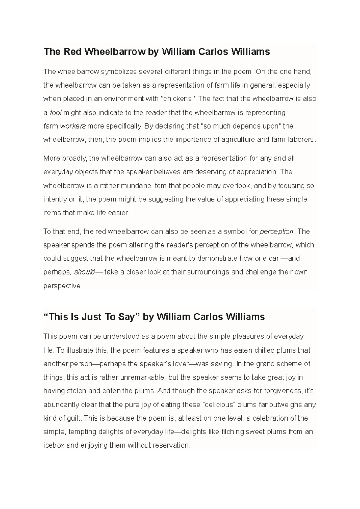 Imagist Poetry- Summary Gr ADE 6 - The Red Wheelbarrow by William ...