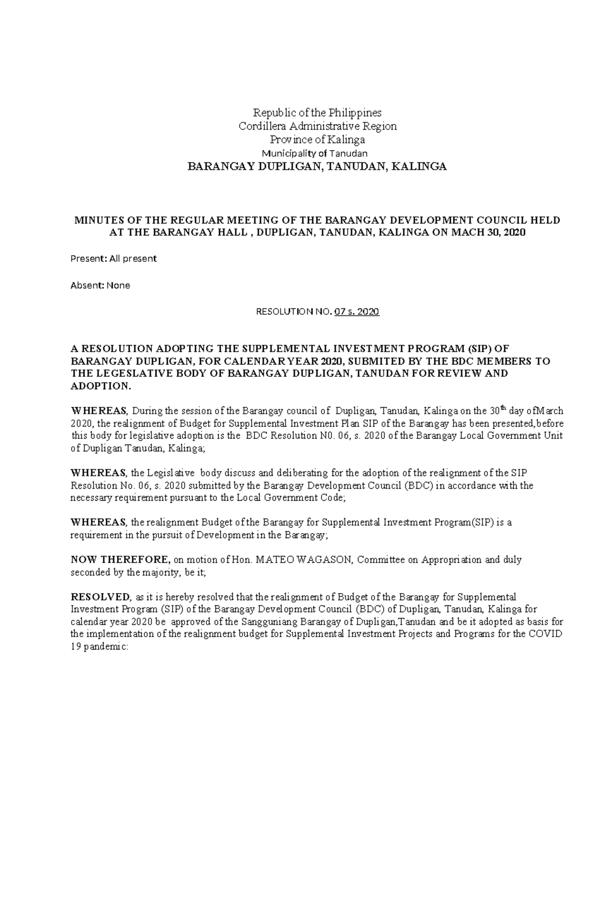 Barangay Dupligan SIP Realignment Resolution (2020) - Studocu