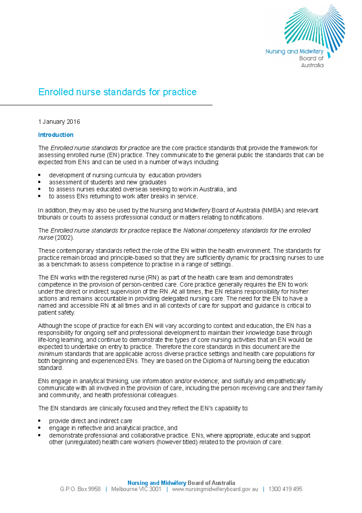 Nursing and Midwifery Board Standards for Practice Enrolled Nurses ...