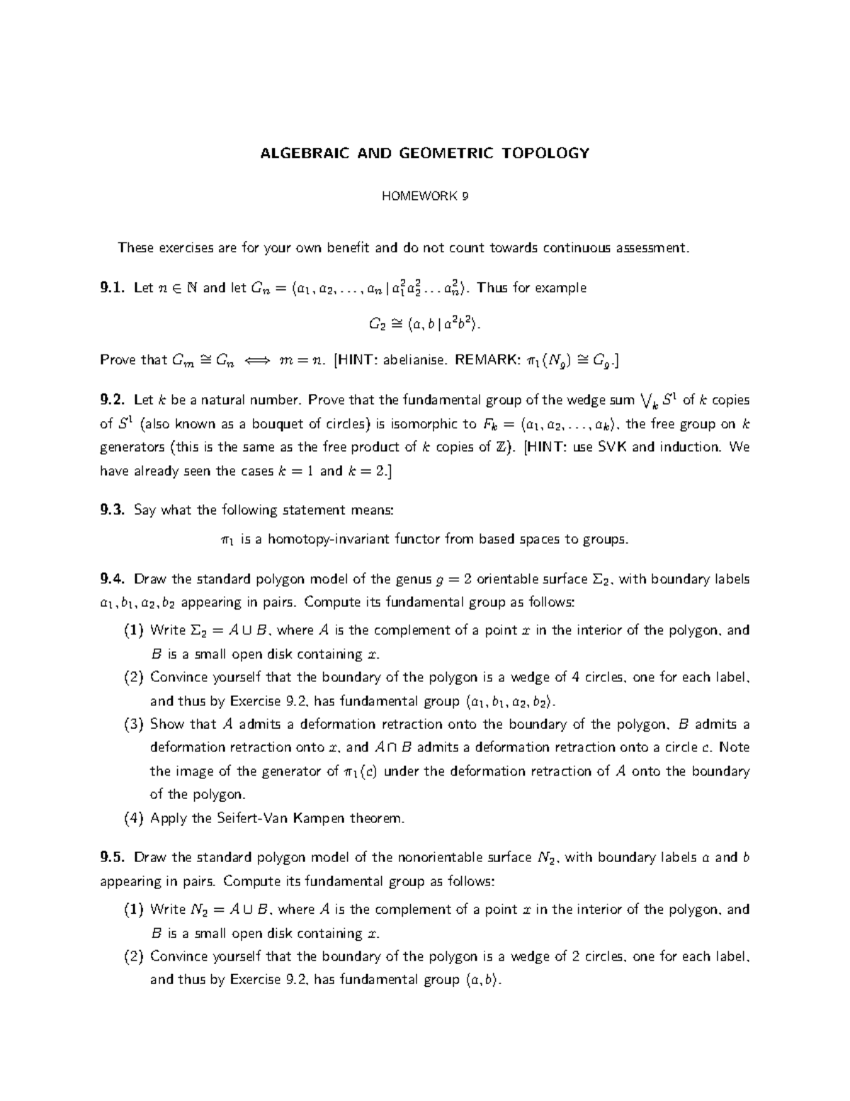 HW9 - Home-work 9 - ALGEBRAIC AND GEOMETRIC TOPOLOGY HOMEWORK 9 These ...