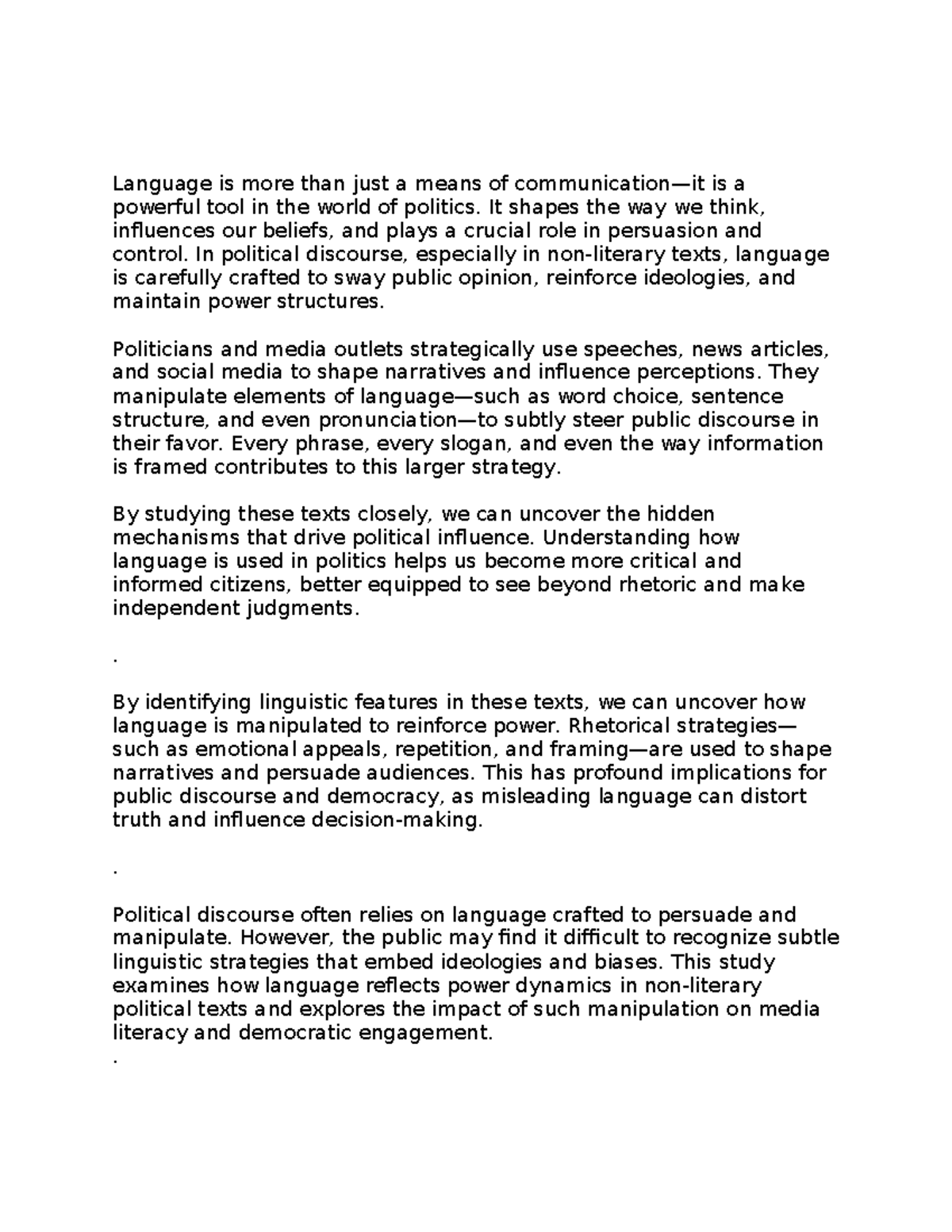 Political Language Analysis: Power Dynamics in Discourse (Course Code ...