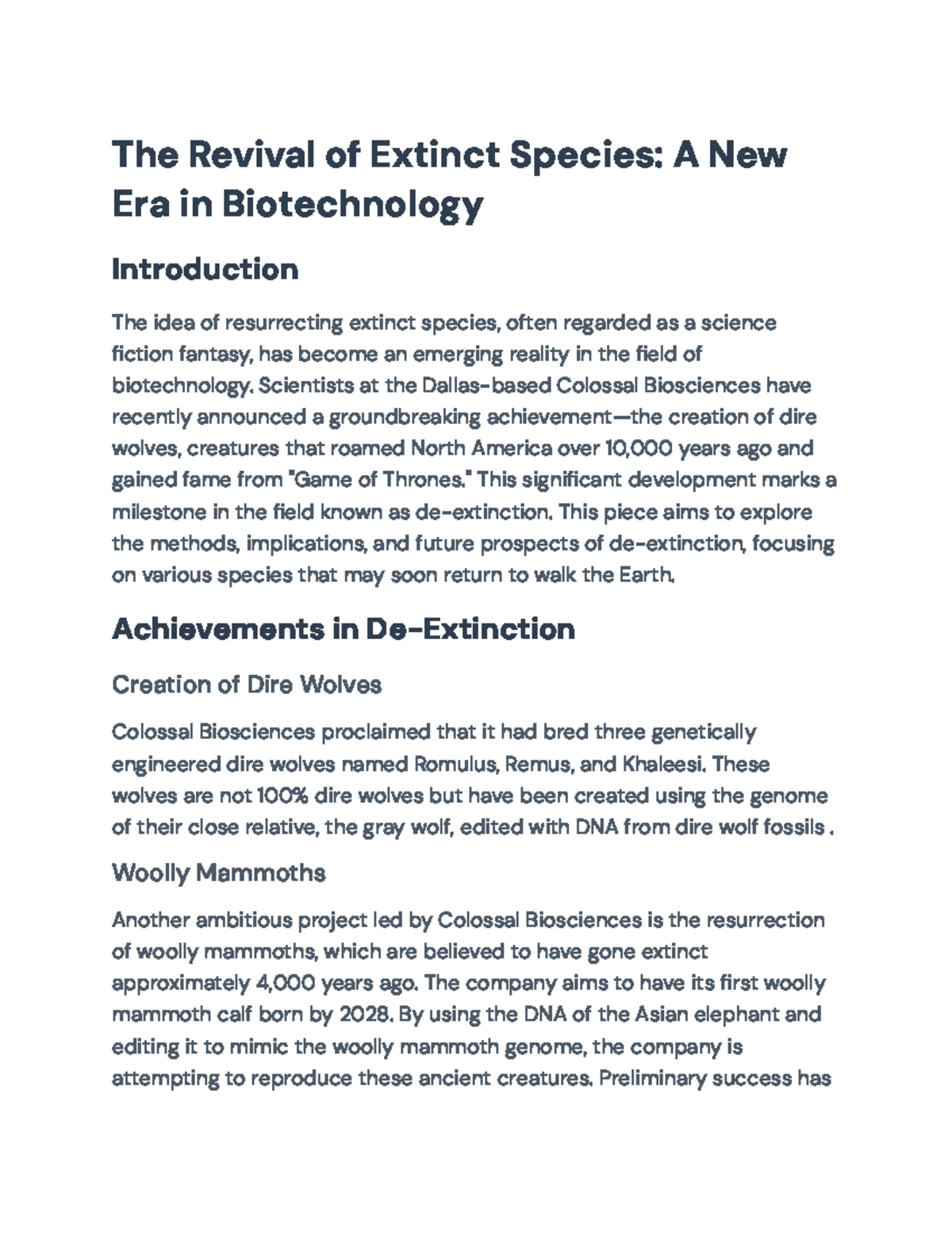 Reviving Extinct Species: Advances in Biotechnology and Ethics - The ...