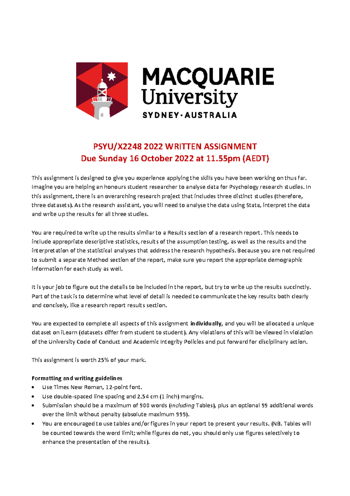 Instructions - Lecture, Tutorial, Assignment info - PSYU/X2248 2022 ...