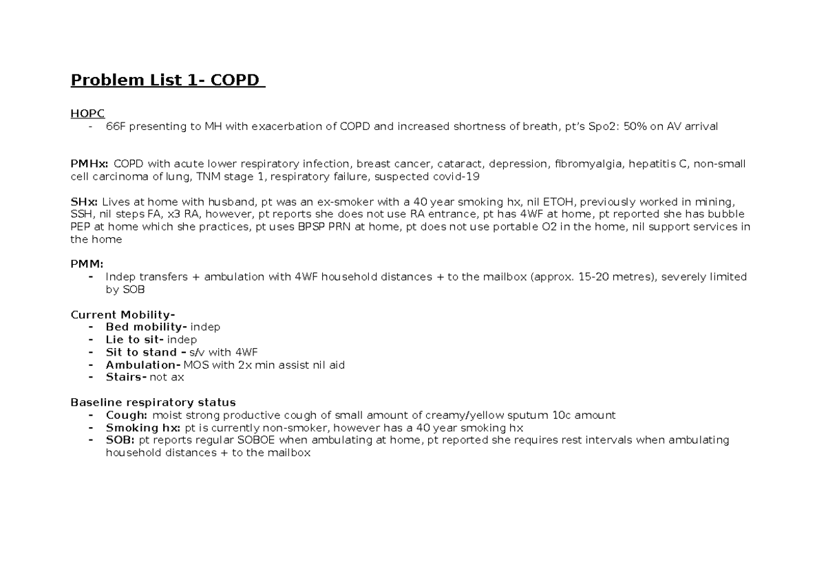 Problem List 1 - COPD - Physiotherapy Management Notes - Studocu