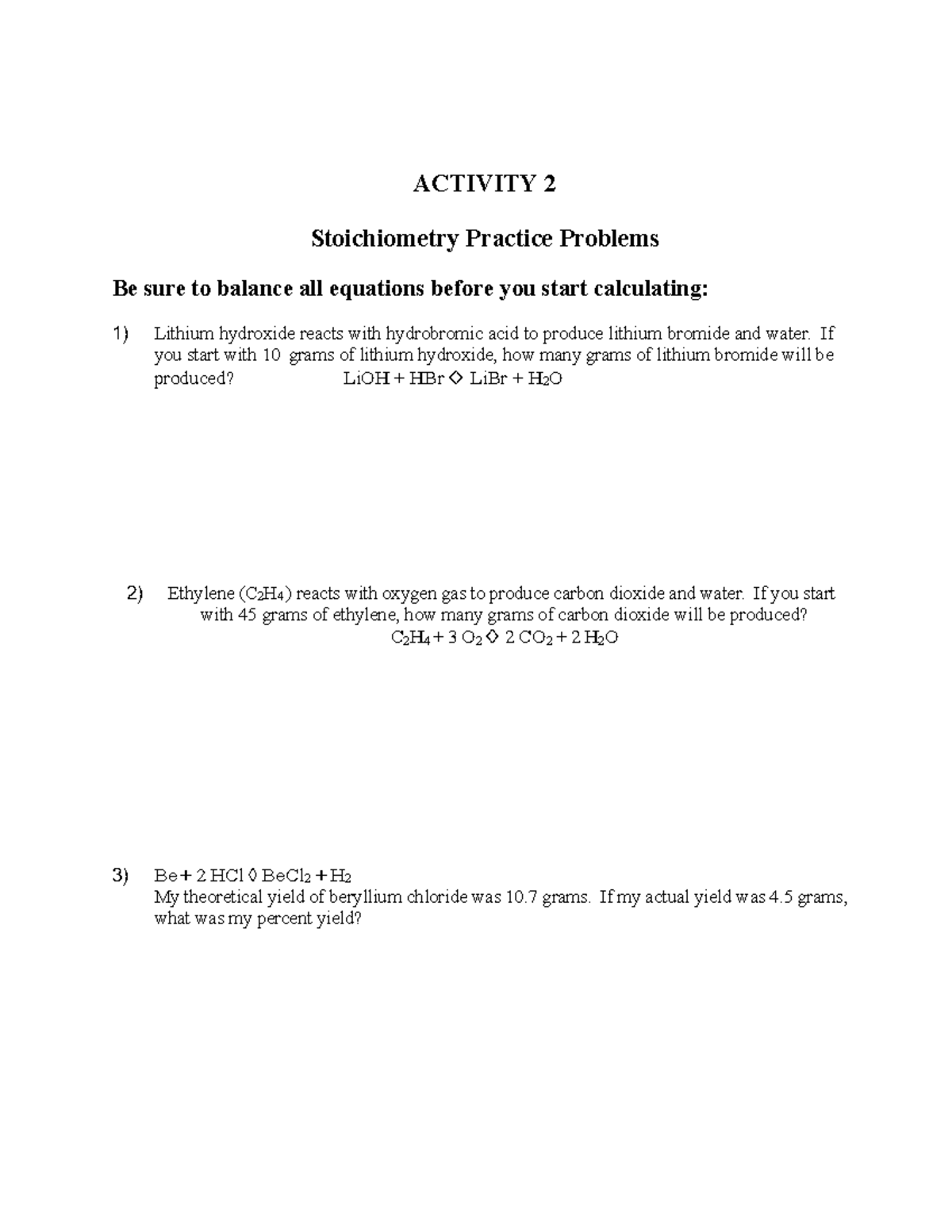 Chem Bio 2 Activity 2 & 3: Stoichiometry Practice Problems - Studocu