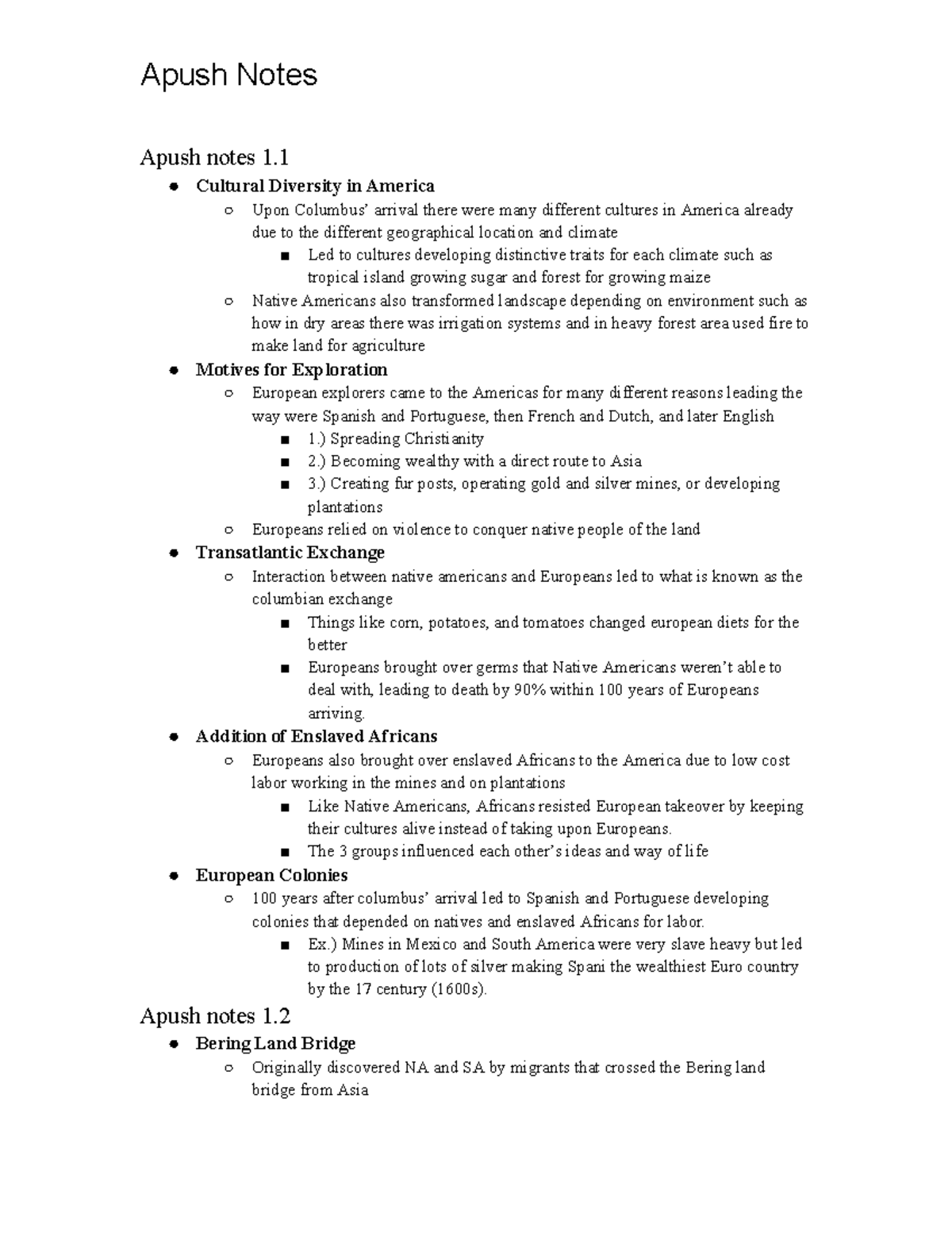 APUSH Notes: Cultural Diversity and Early Colonization in America - Studocu