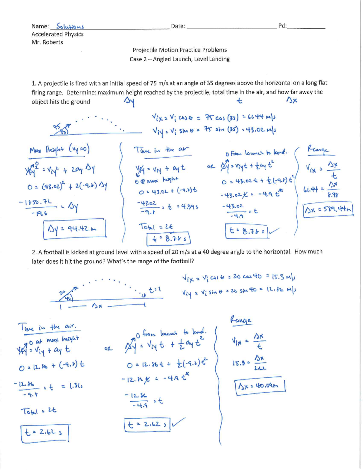 Projectile Motion Practice Problems - Accelerated Physics - Studocu