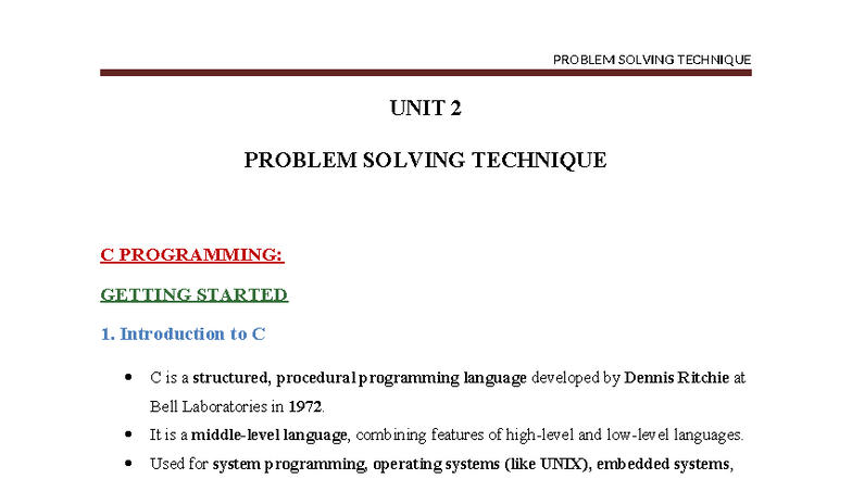 BCA 1st Year Unit 2: Problem Solving Techniques in C Programming - Studocu