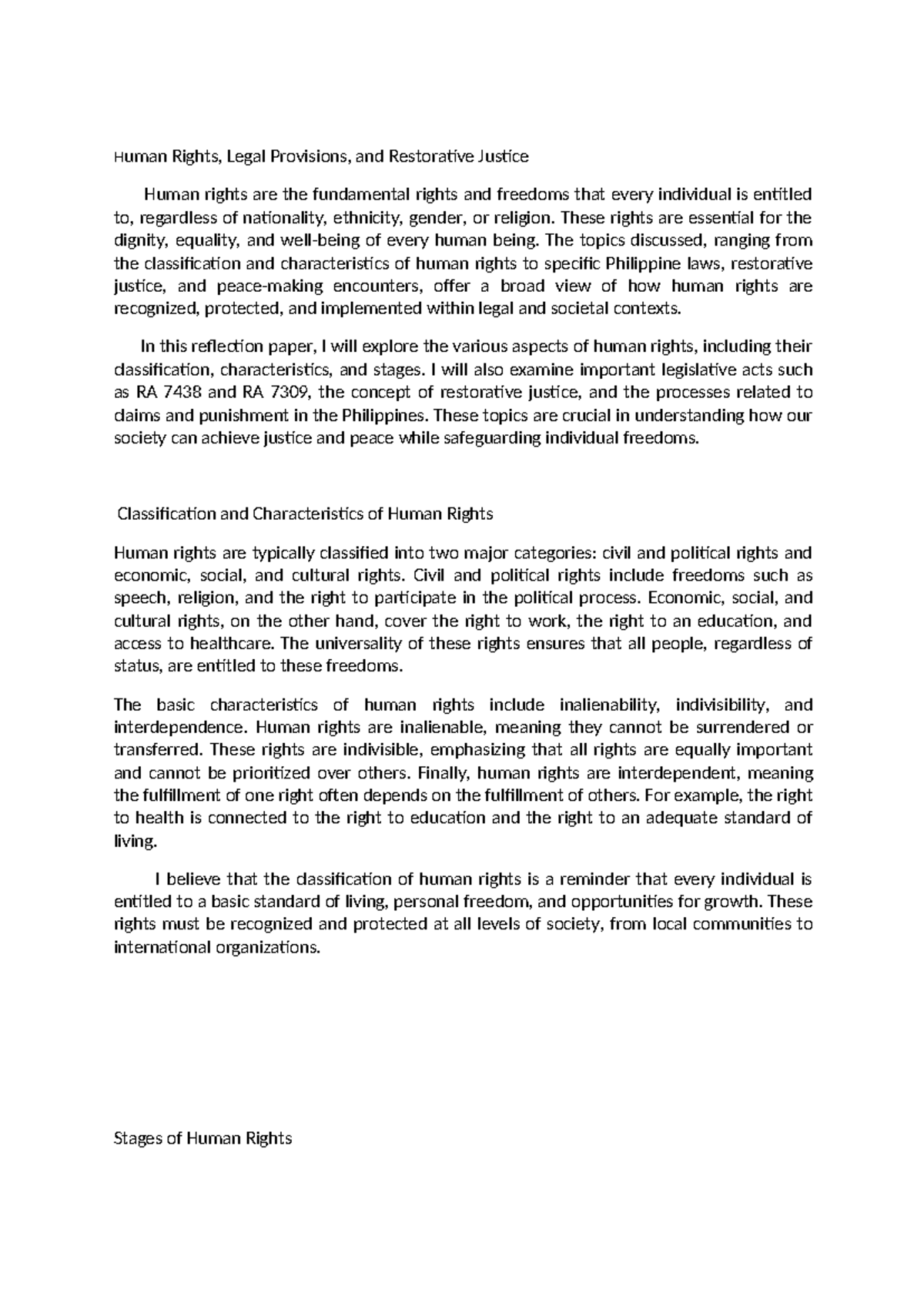 CA3 Reflection Paper: Human Rights and Restorative Justice Overview ...