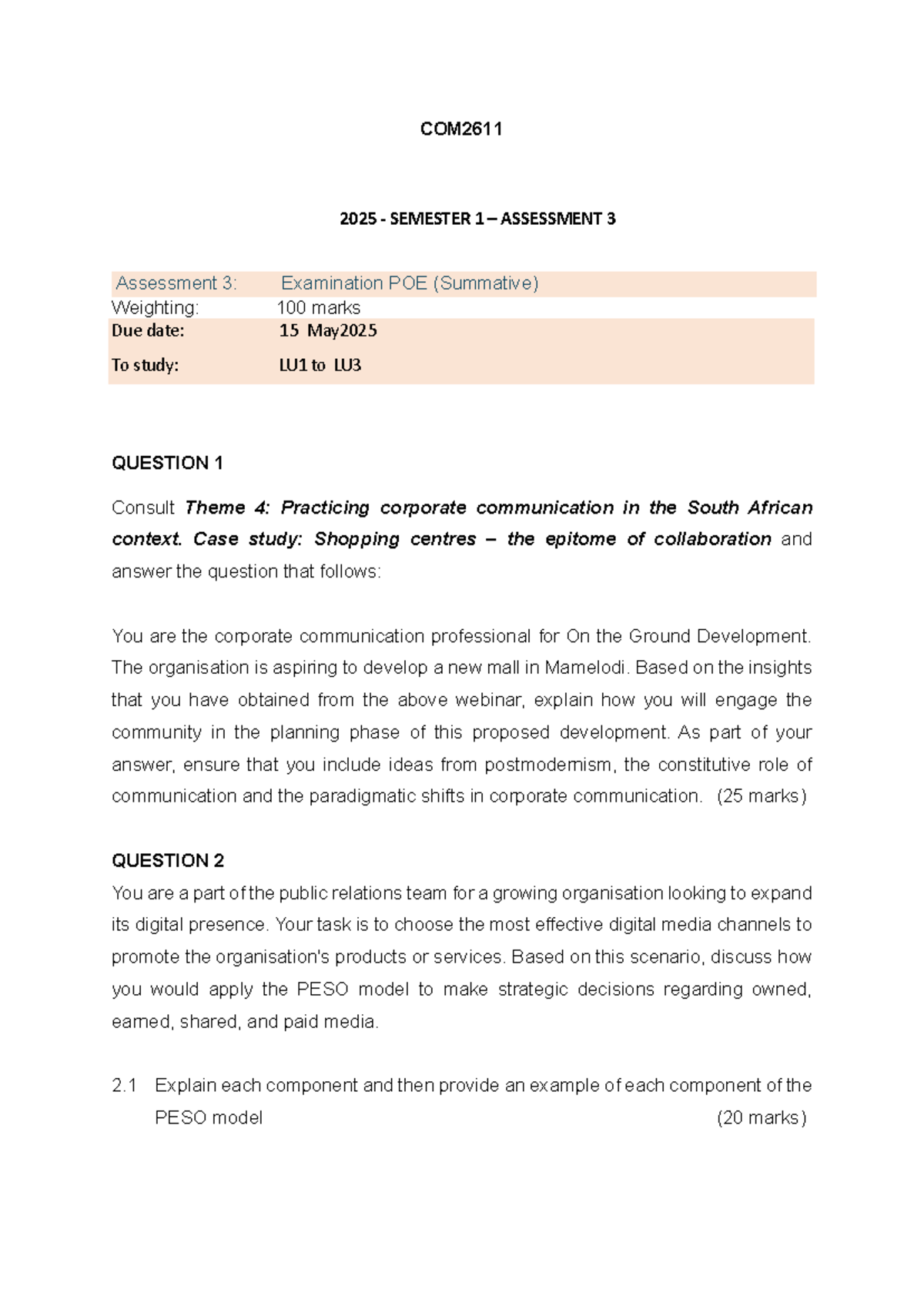 Assessment 3 EXAM POE - Examination Portfolio Question Paper - COM 2025 ...