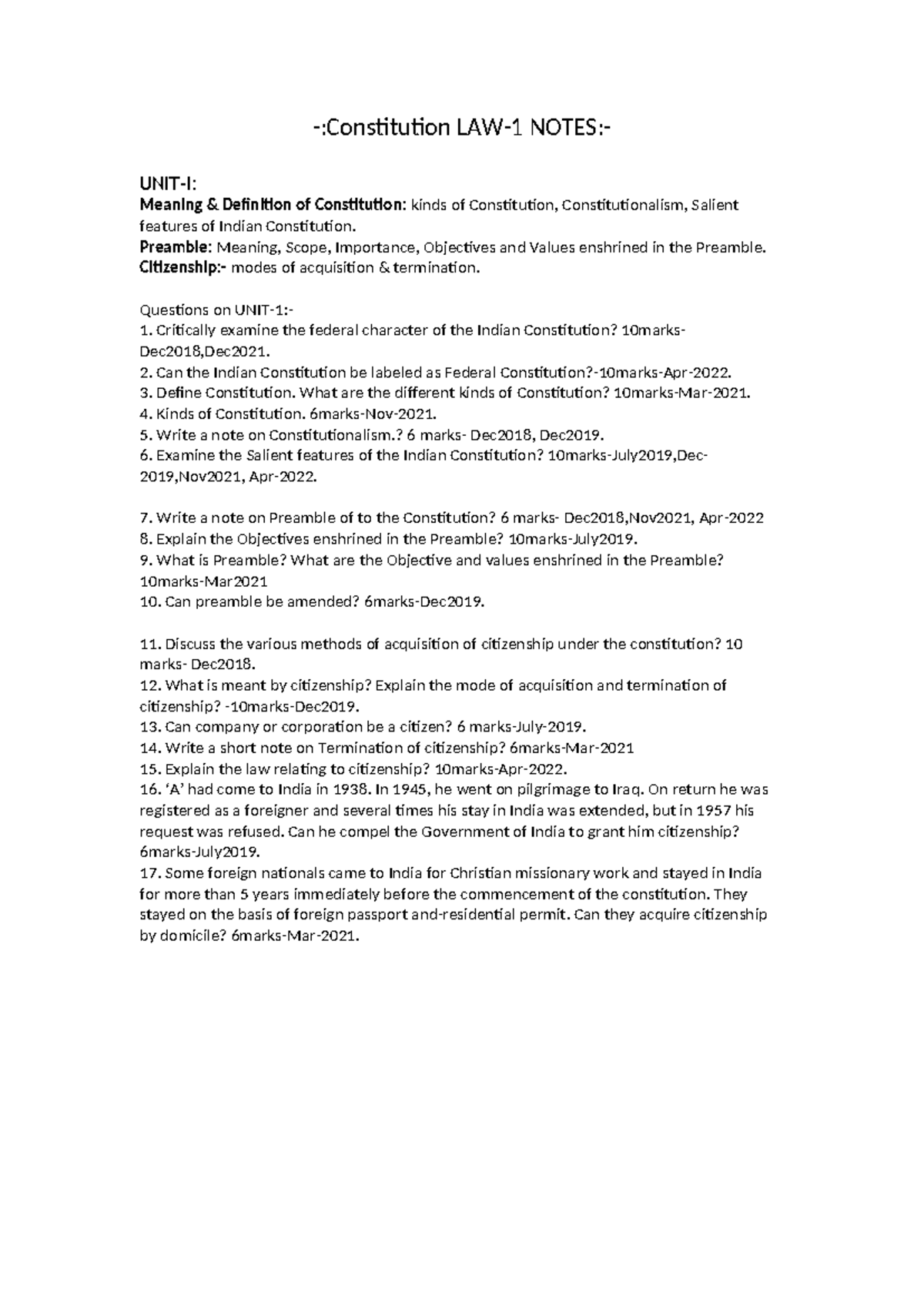 Constitution Law 1: Unit I Key Concepts & Features Explained - Studocu