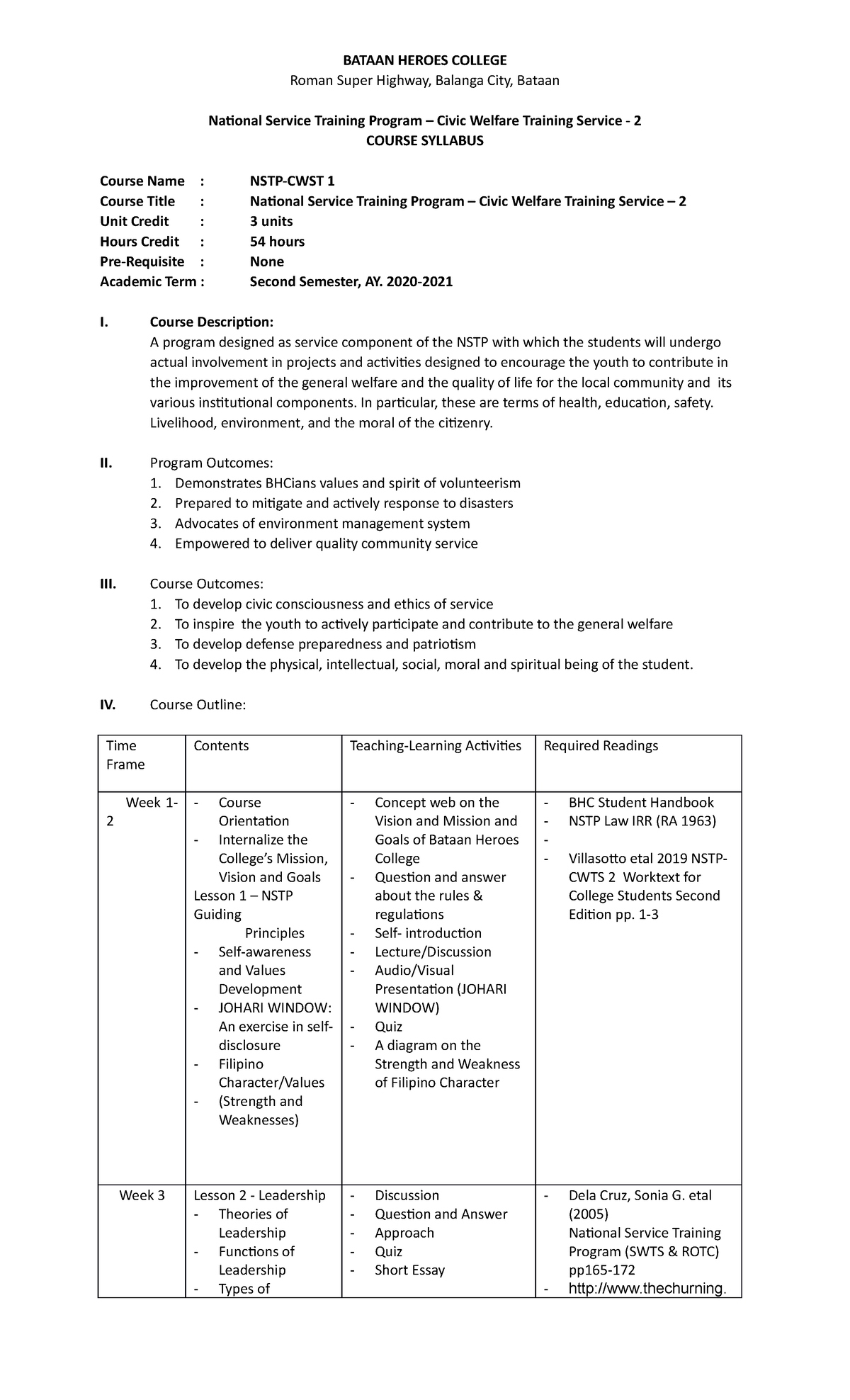NSTP - CWTS 2 Course Plan for National Service Training Program - Studocu