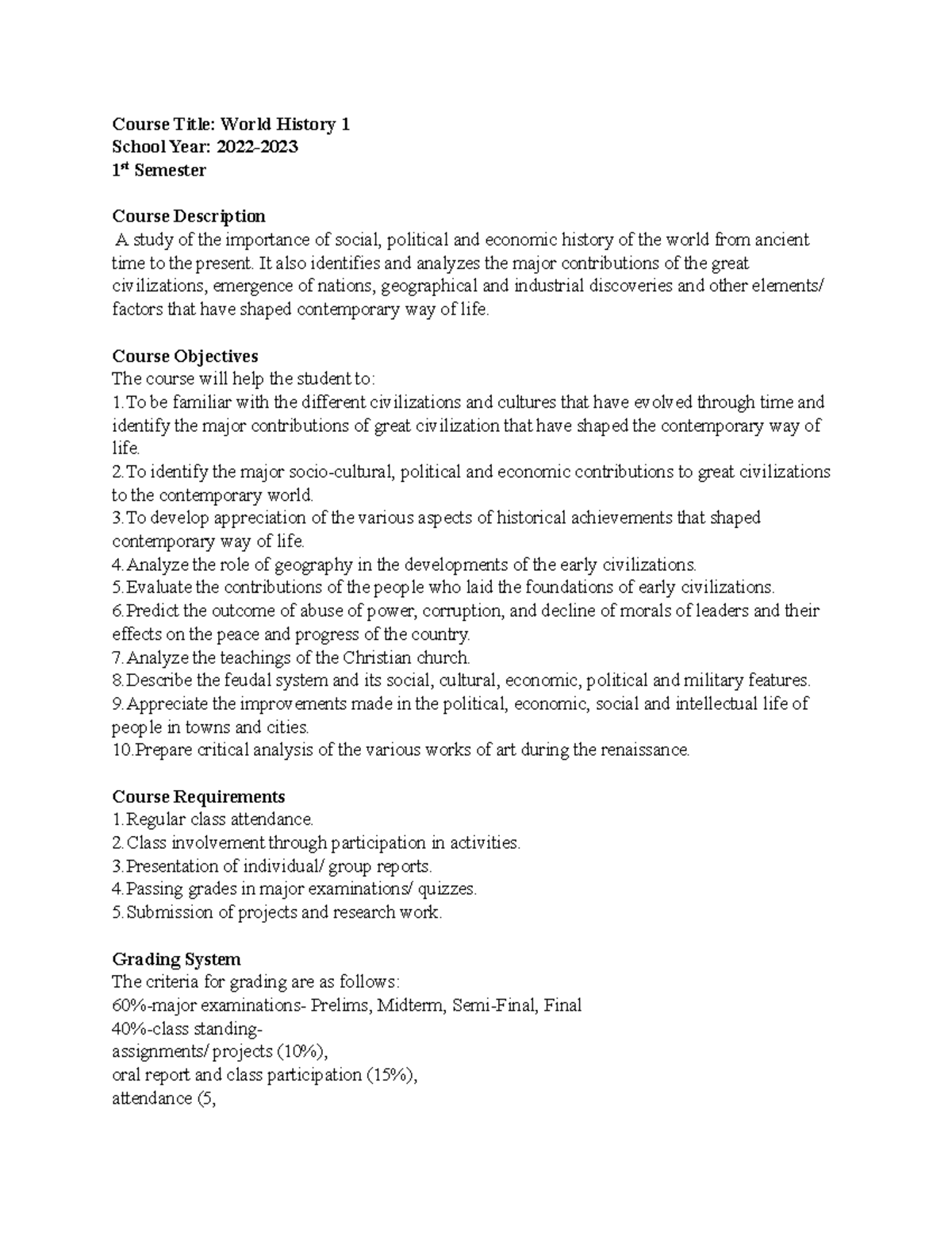 World History 1 Syllabus: Understanding Major Civilizations ...