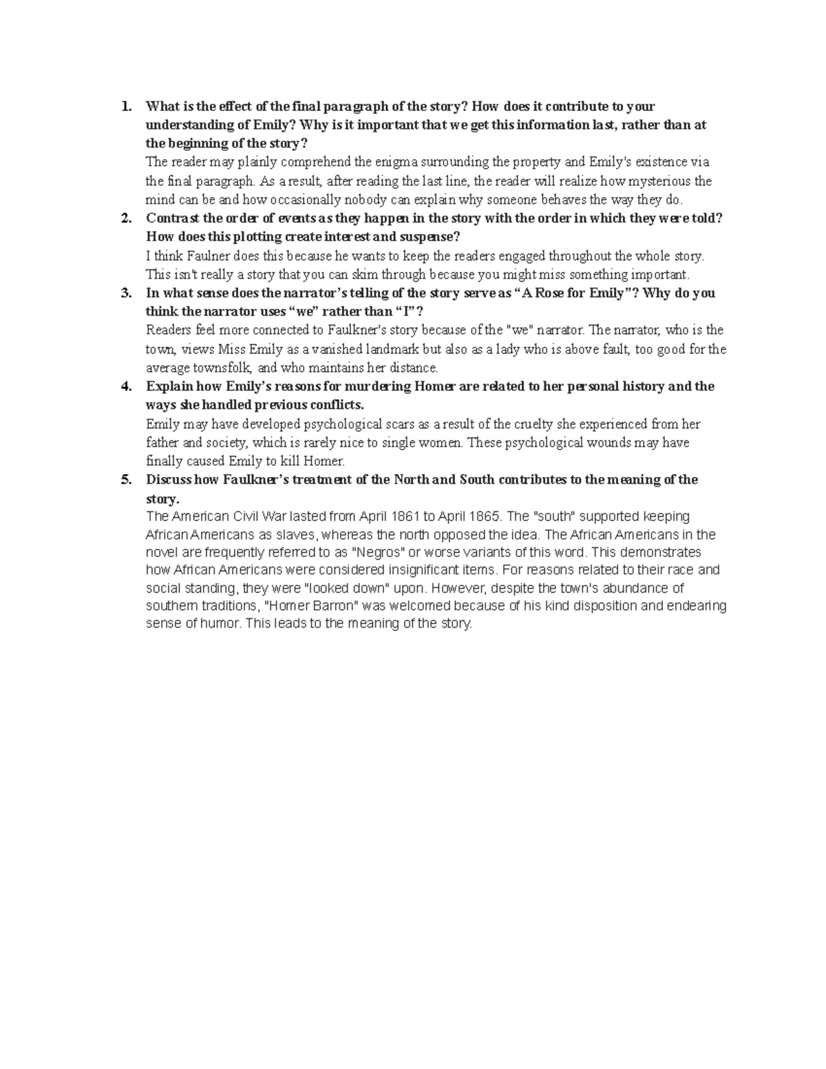 A Rose for Emily Analysis Questions - ENG 101 Final Exam - Studocu