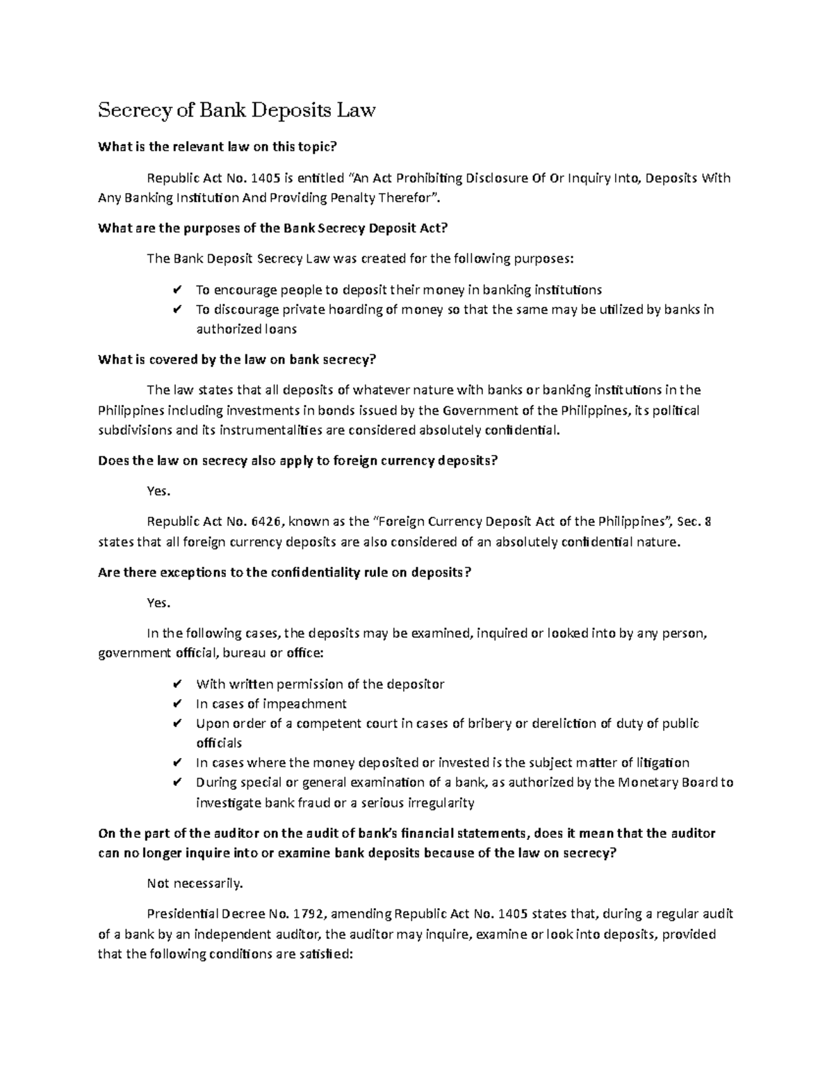 Bank Secrecy & Unclaimed Balances Lecture Notes (Law 101) - Studocu