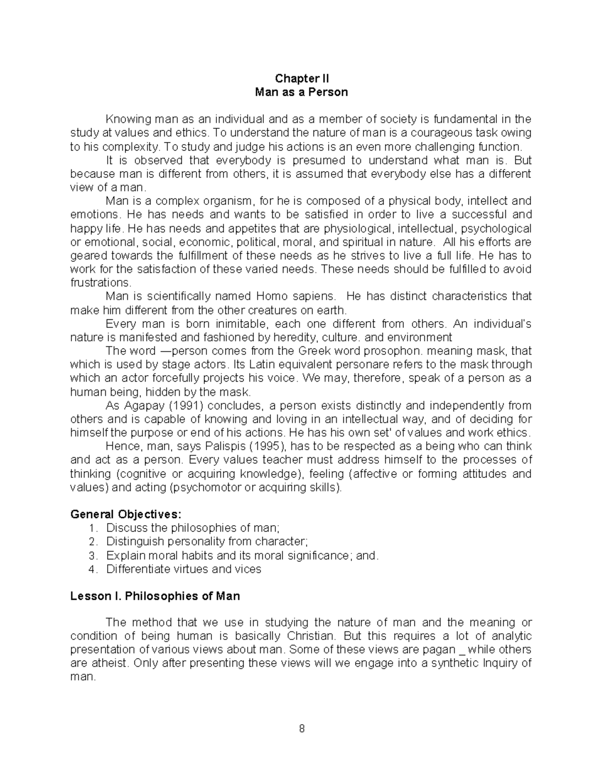 Chapter II: Understanding Man as a Person in Values and Ethics - Studocu