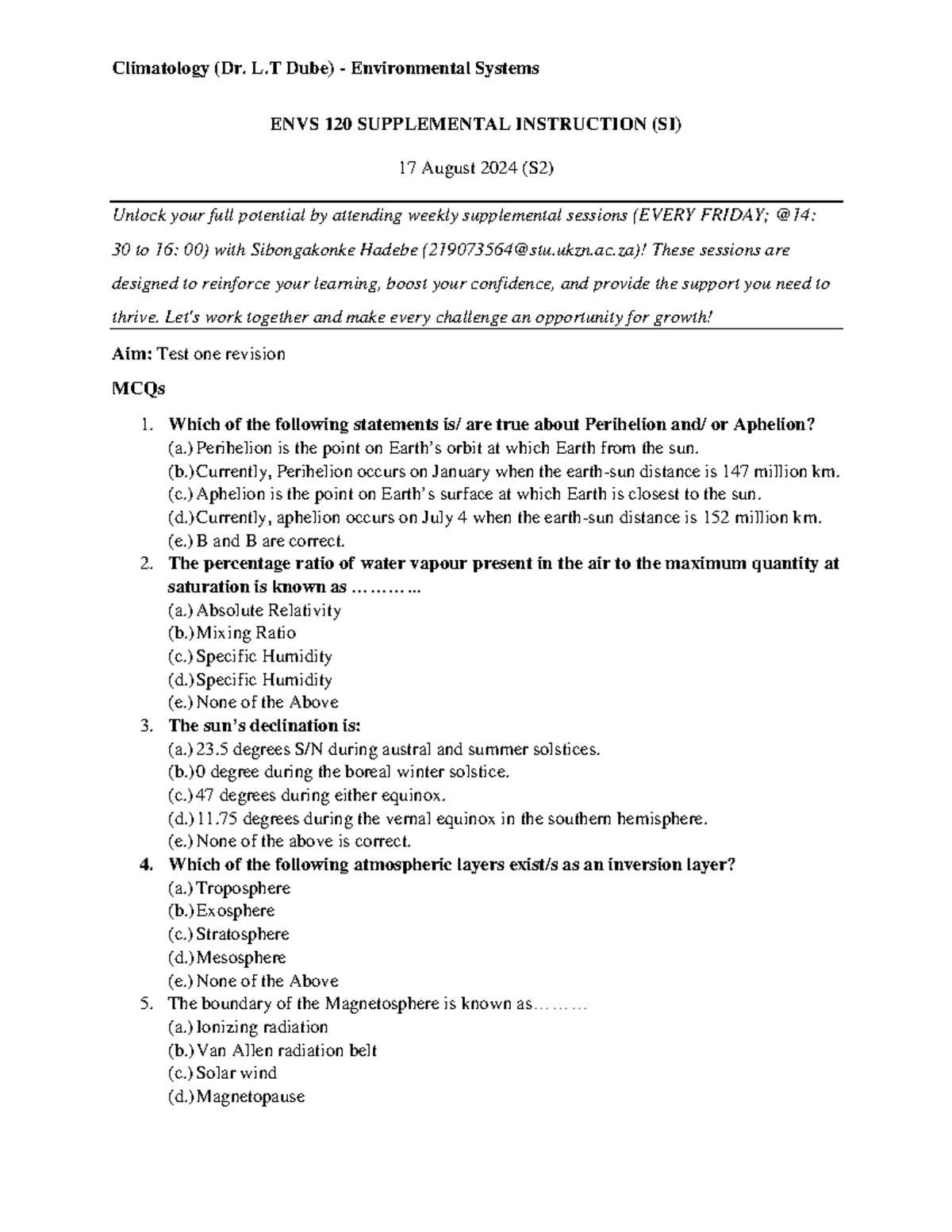 Final Test Revision for ENVS 120: Climatology Insights - Studocu