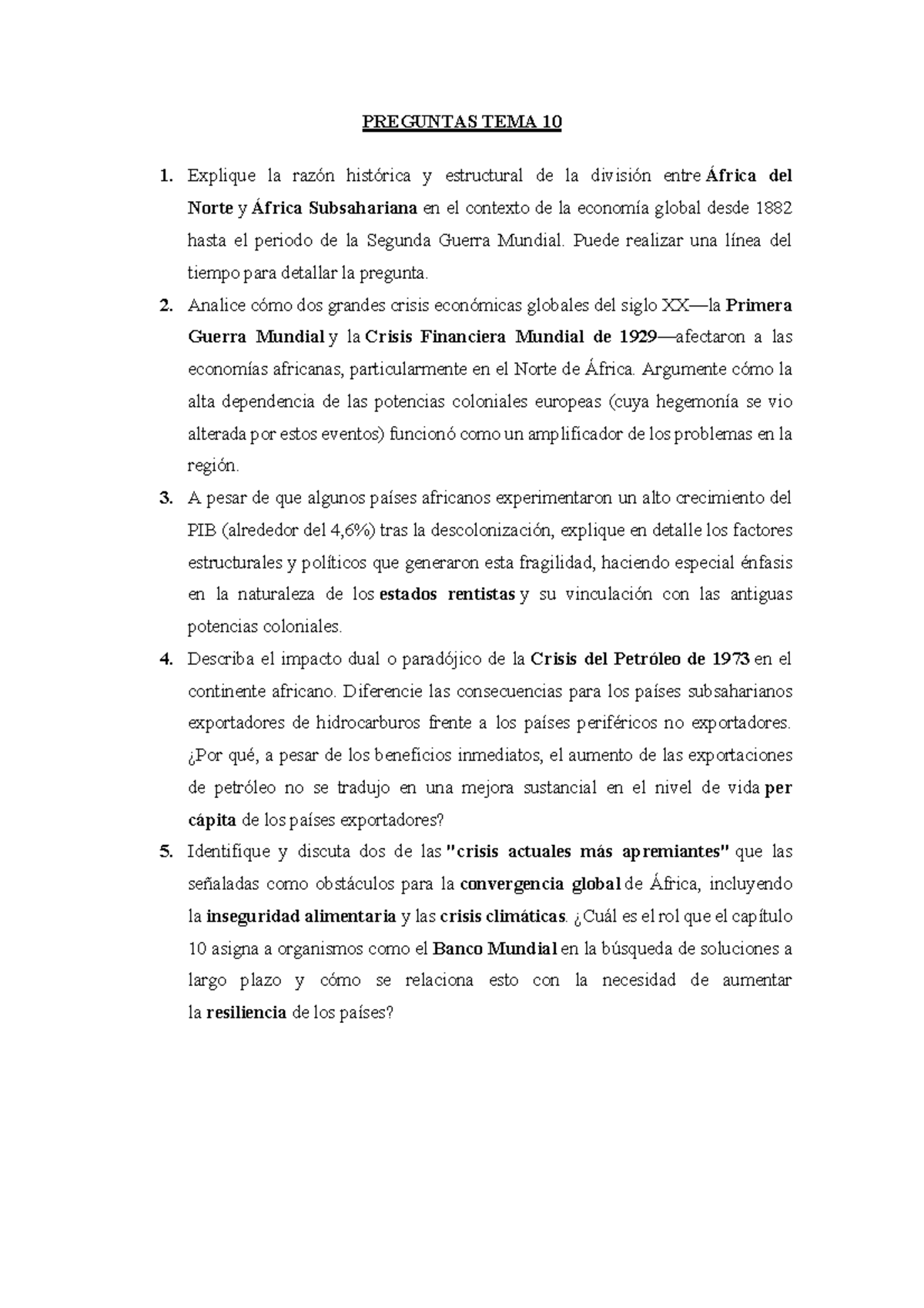 Preguntas TEMA 10 HE - Análisis de la Economía Africana y Crisis ...