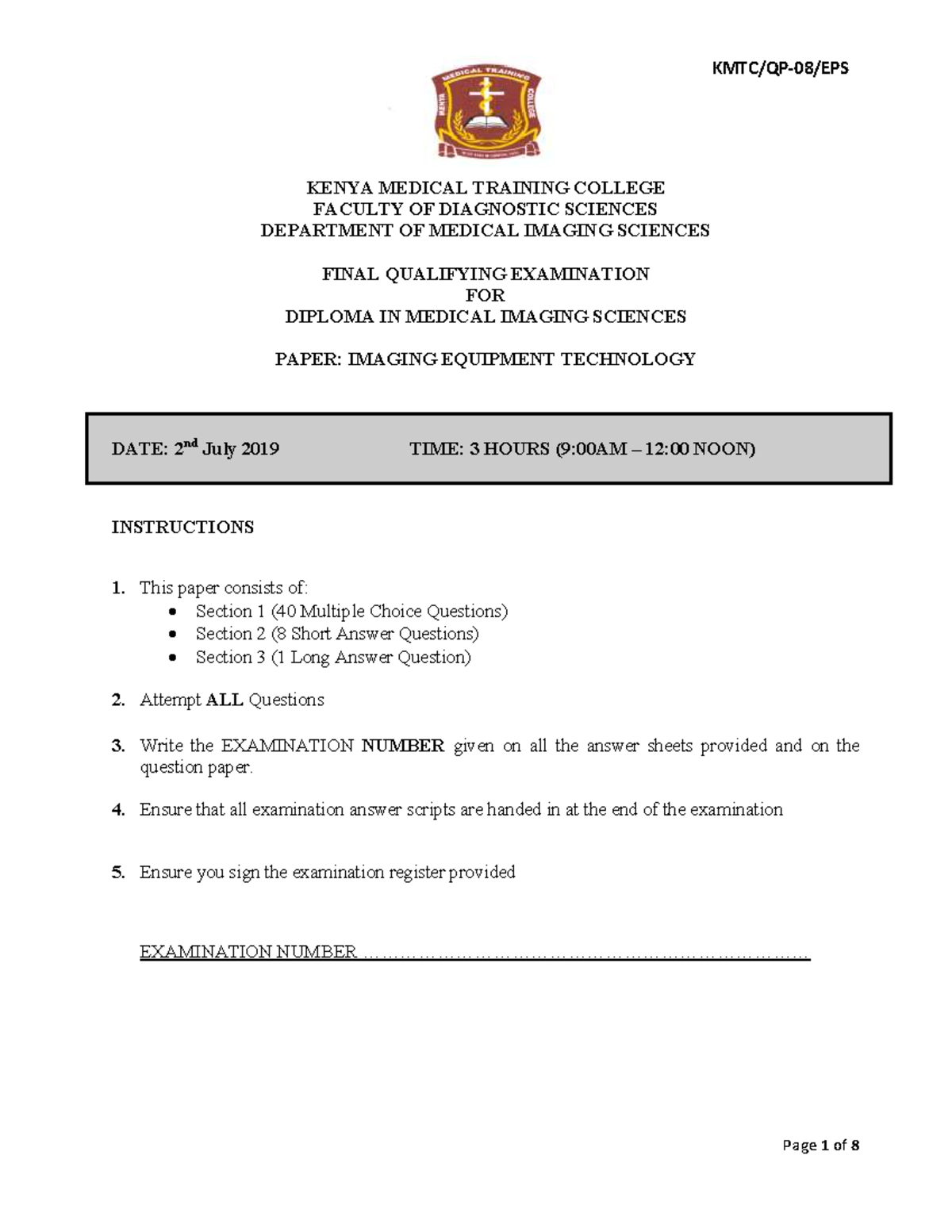 FQE IET 2 Exam Paper - Diploma in Medical Imaging Sciences - Studocu