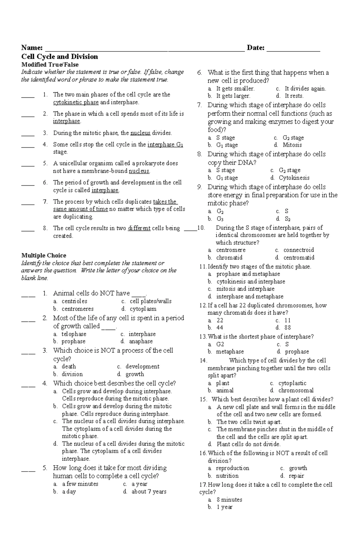 Mitosis vs Meiosis Worksheet (Biology 101) - Studocu