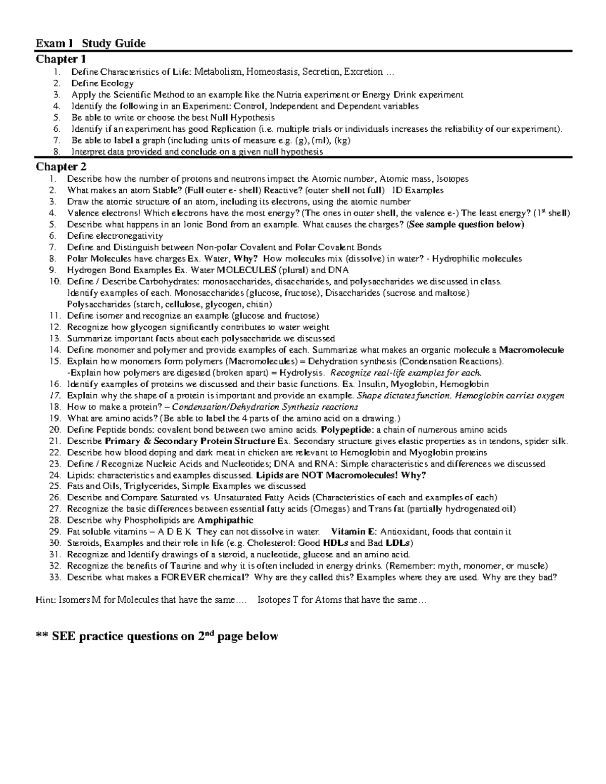 Biology 101: Exam I Study Guide on Macromolecules & Bonds - Studocu