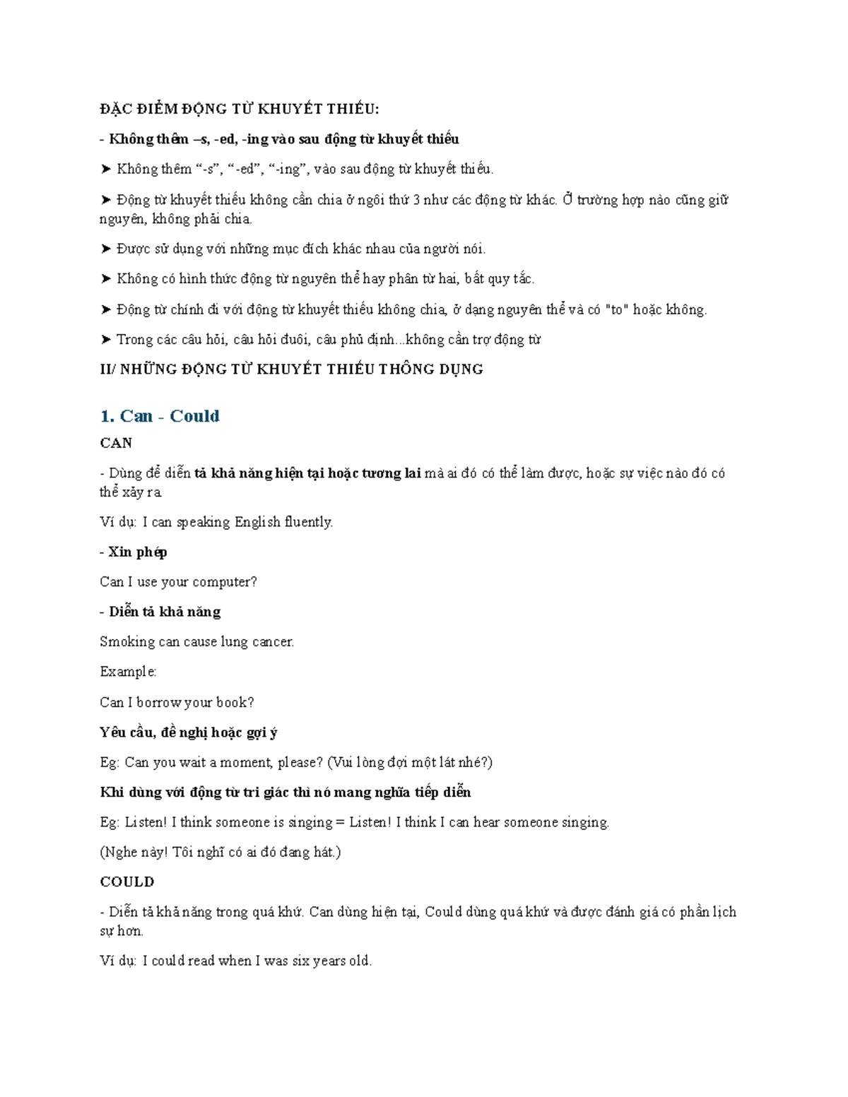 ĐẶC ĐIỂM ĐỘNG TỪ KHUYẾT THIẾU (Modal Verbs) - Tài liệu học tập - Studocu