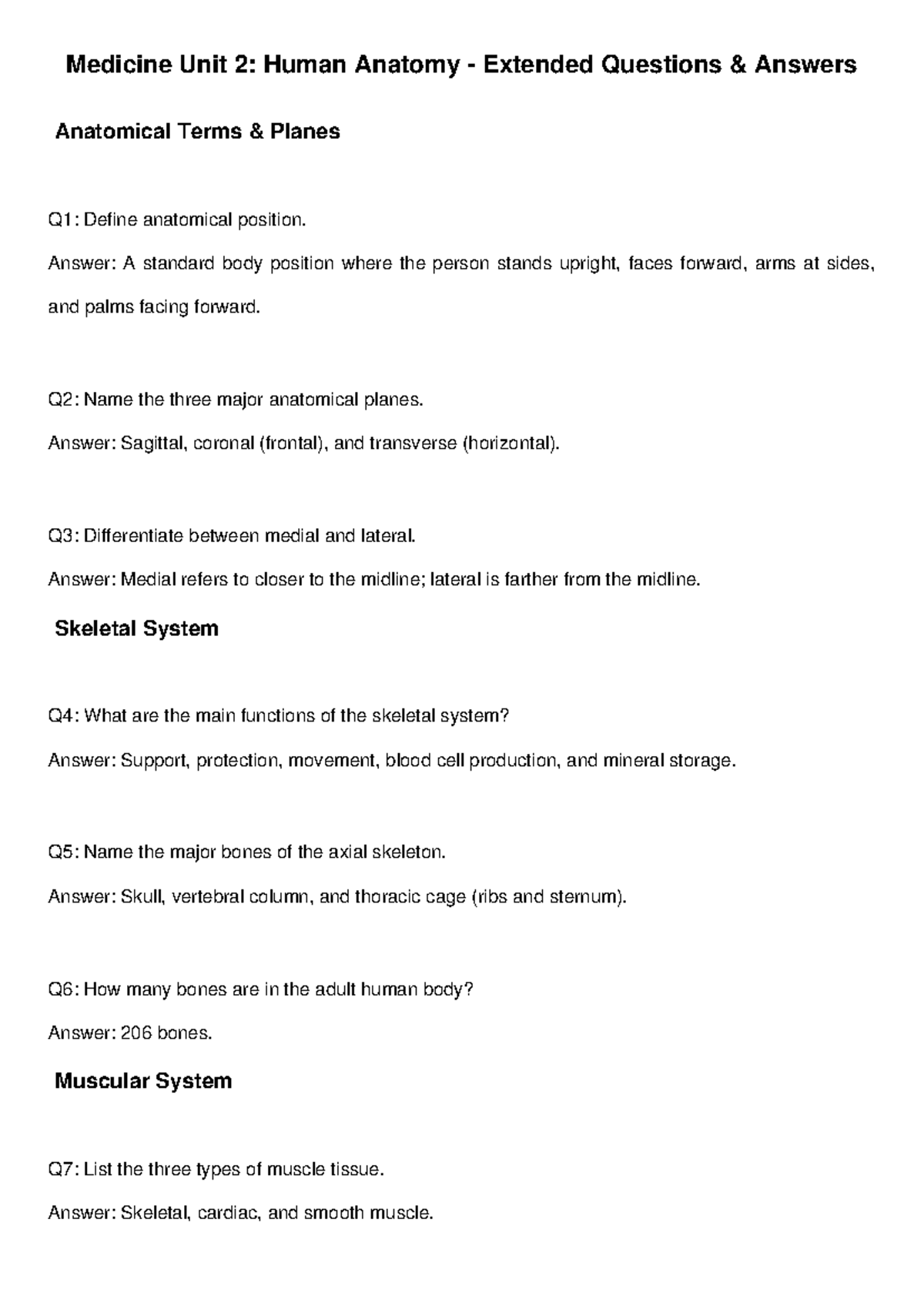 Medicine Unit 2: Human Anatomy Q&A on Anatomical Terms & Systems - Studocu