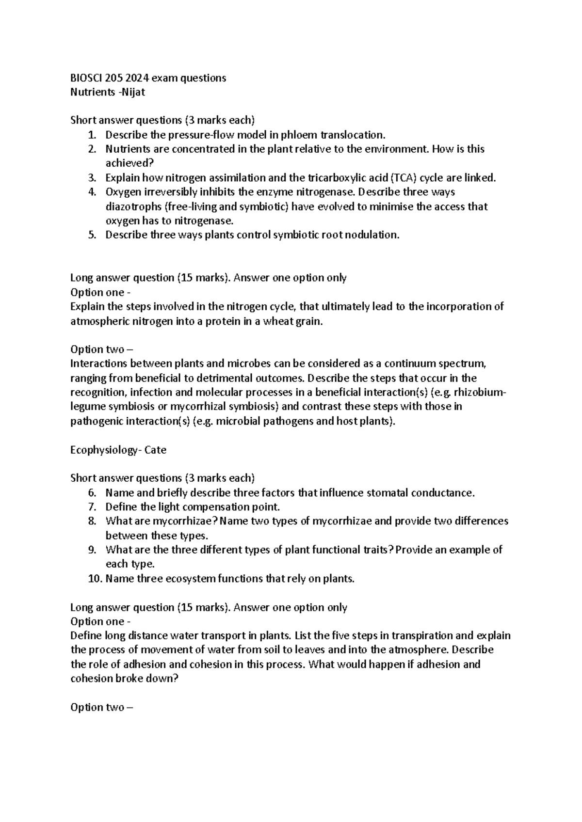 BIOSCI 205 2024 Exam Questions: Nutrients & Plant Interactions - Studocu