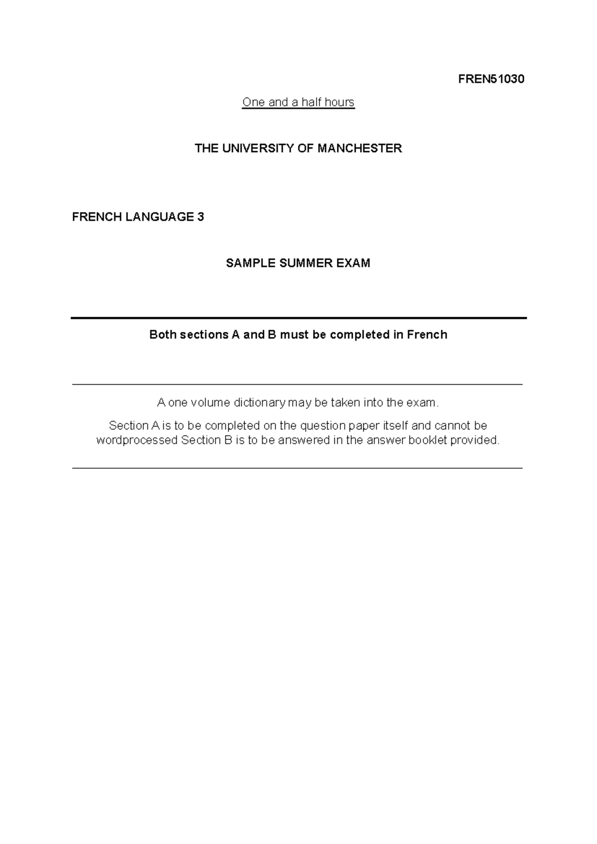FREN51030 Summer Exam Sample - French Language 3 - Studocu